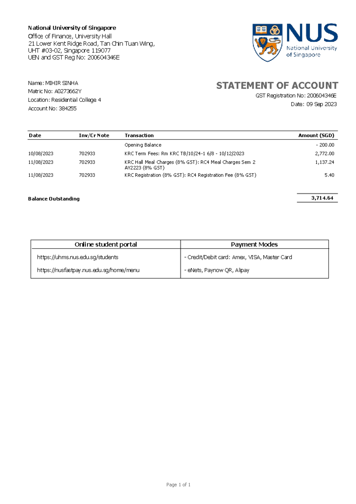 Statement - NIL - 3,714. Balance Outstanding Date: National University ...