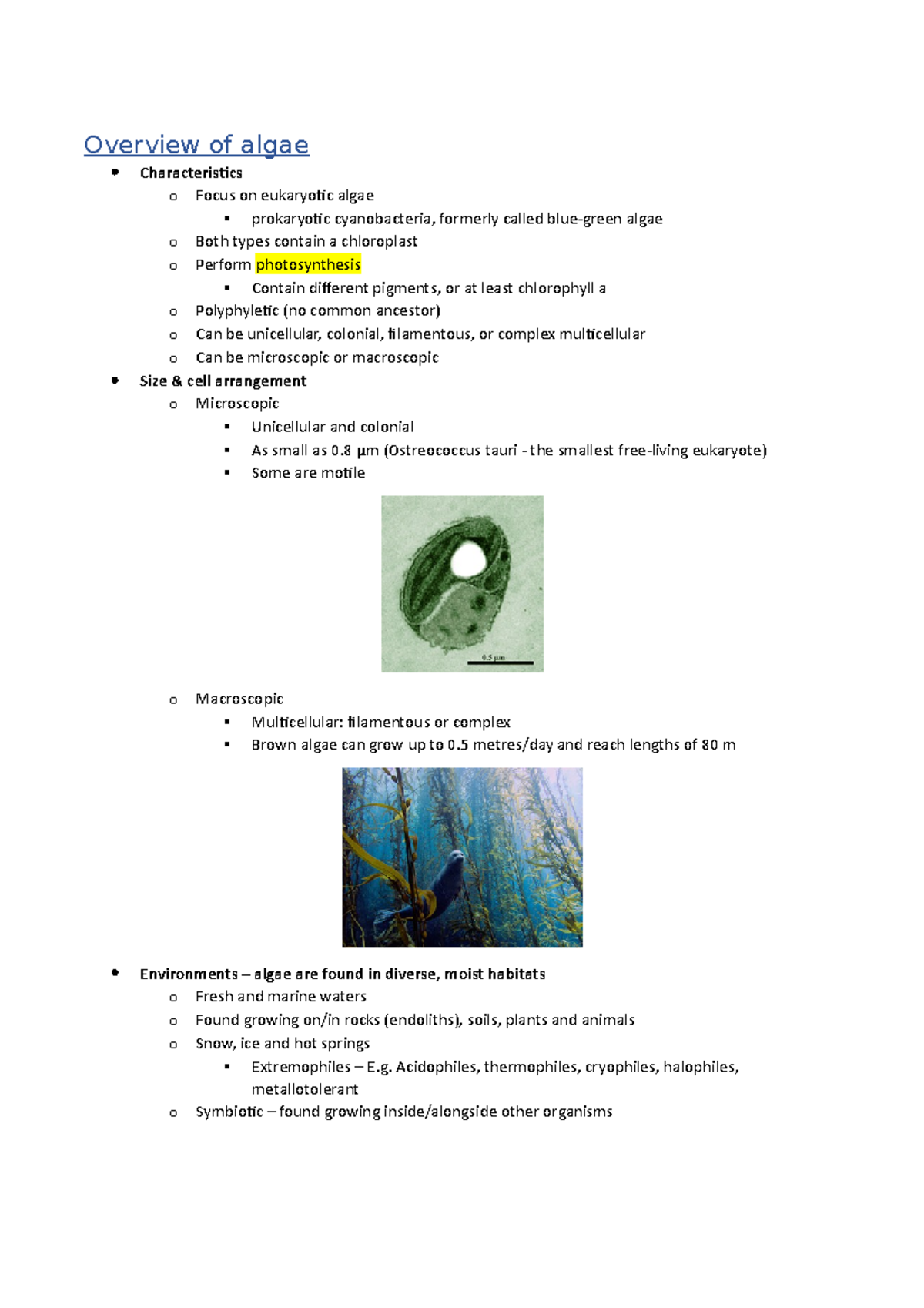 Algae - Lecture notes 9 - Overview of algae Characteristics o Focus on ...