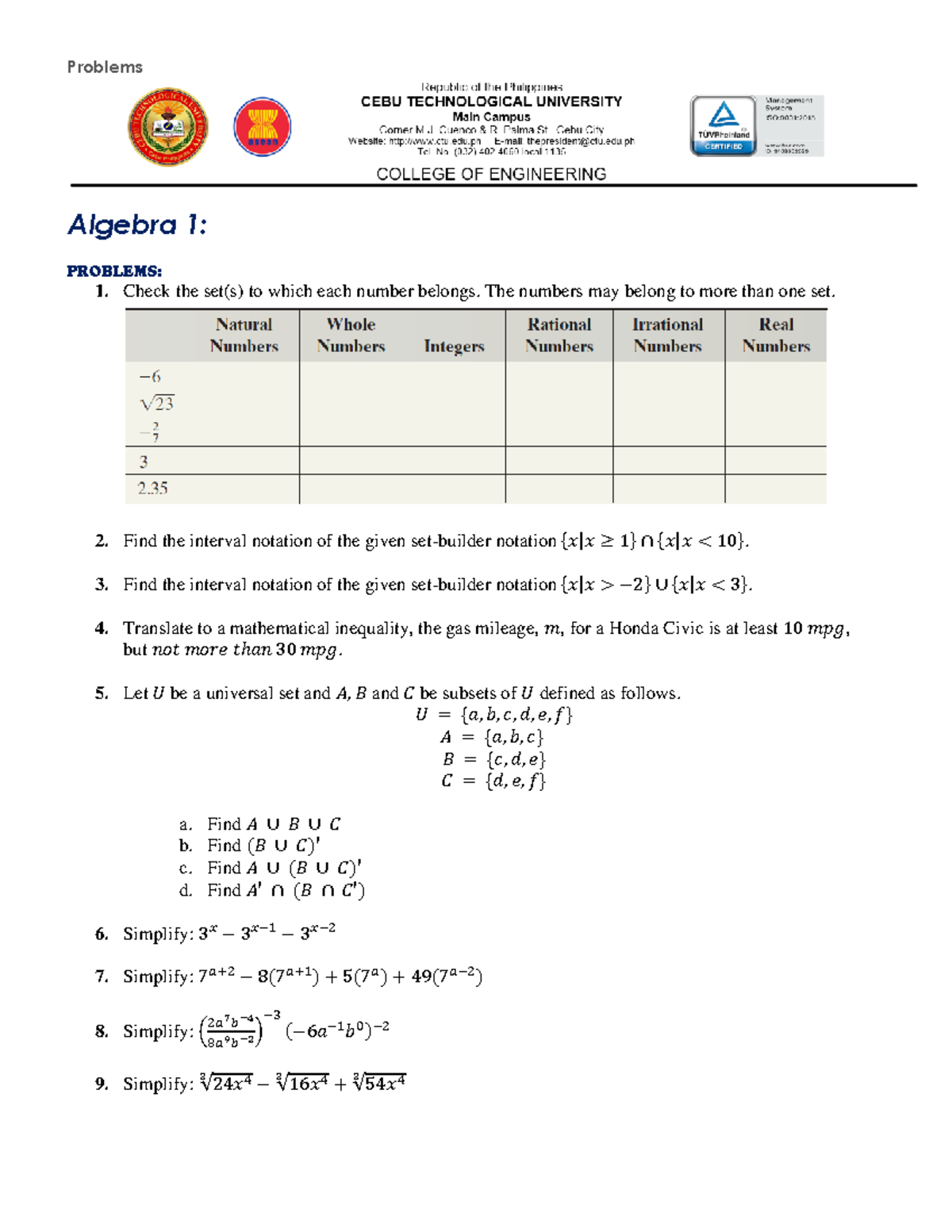 1.0 Algebra 1 - problems - Algebra 1: PROBLEMS: 1. Check the set(s) to ...
