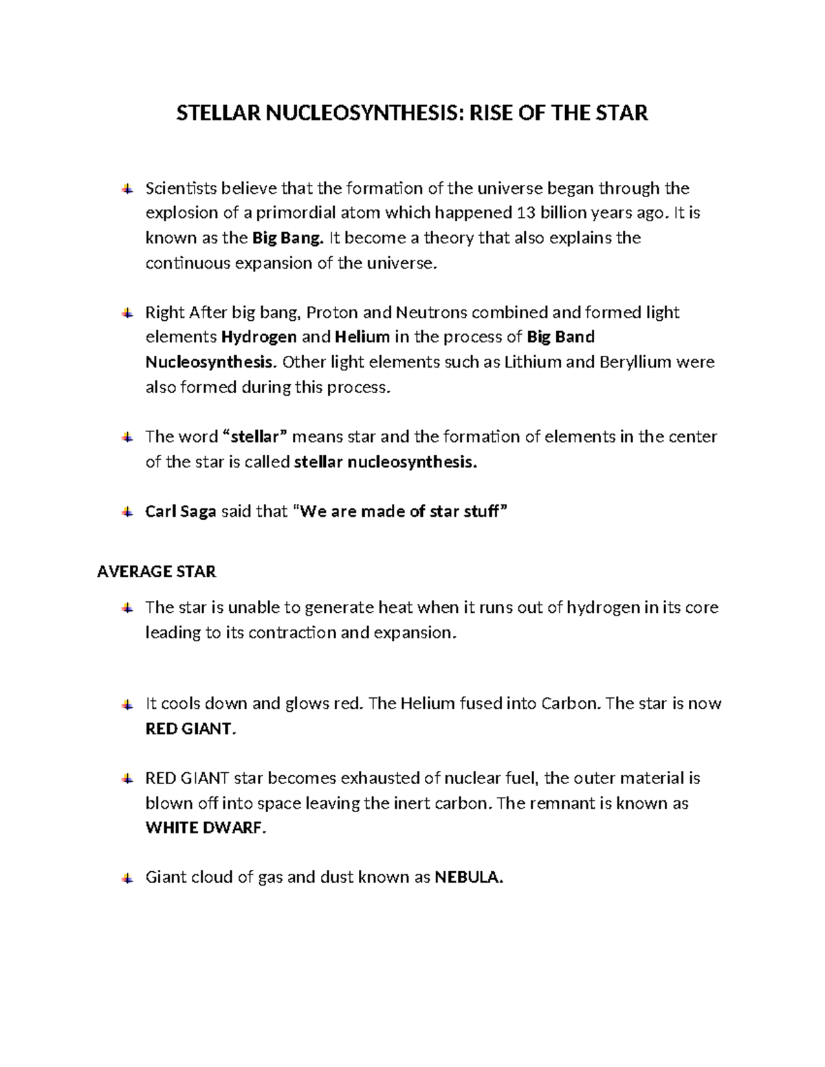 Handouts Earth AND LIFE Science - STELLAR NUCLEOSYNTHESIS: RISE OF THE ...