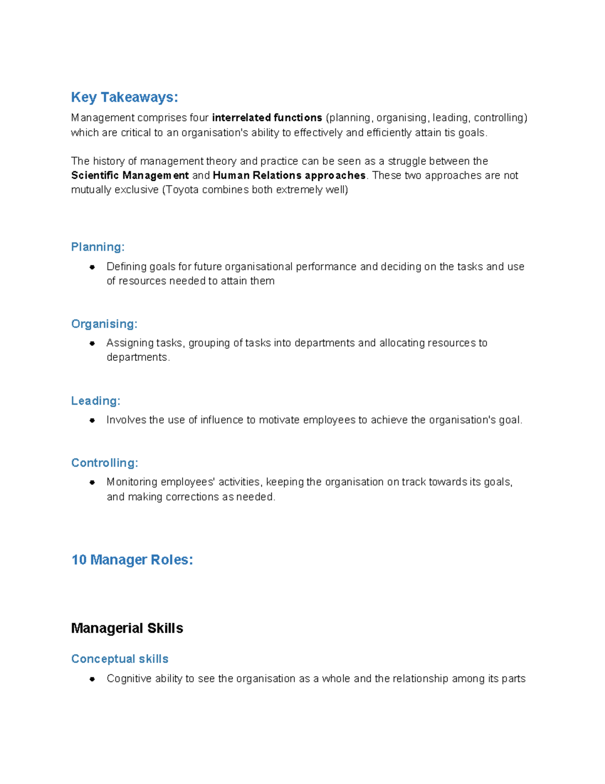 Lecture 1 Notes - Key Takeaways: Management comprises four interrelated ...