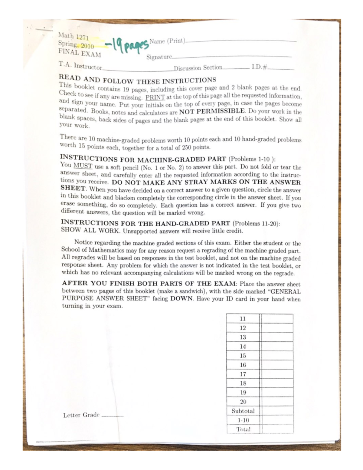 Spring 2010 Calc 1 Final Exam done - MATH 1271 - Studocu