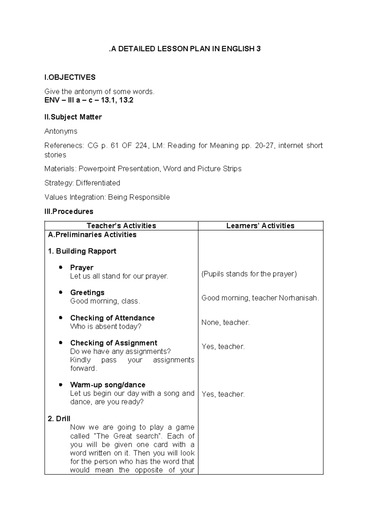 A Detailed Lesson PLAN IN English 3 - .A DETAILED LESSON PLAN IN ...