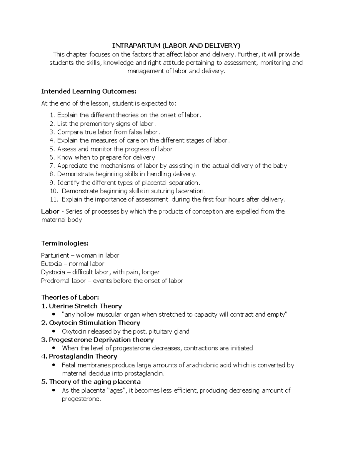 Intrapartum 2 - LECTURE - INTRAPARTUM (LABOR AND DELIVERY) This chapter ...