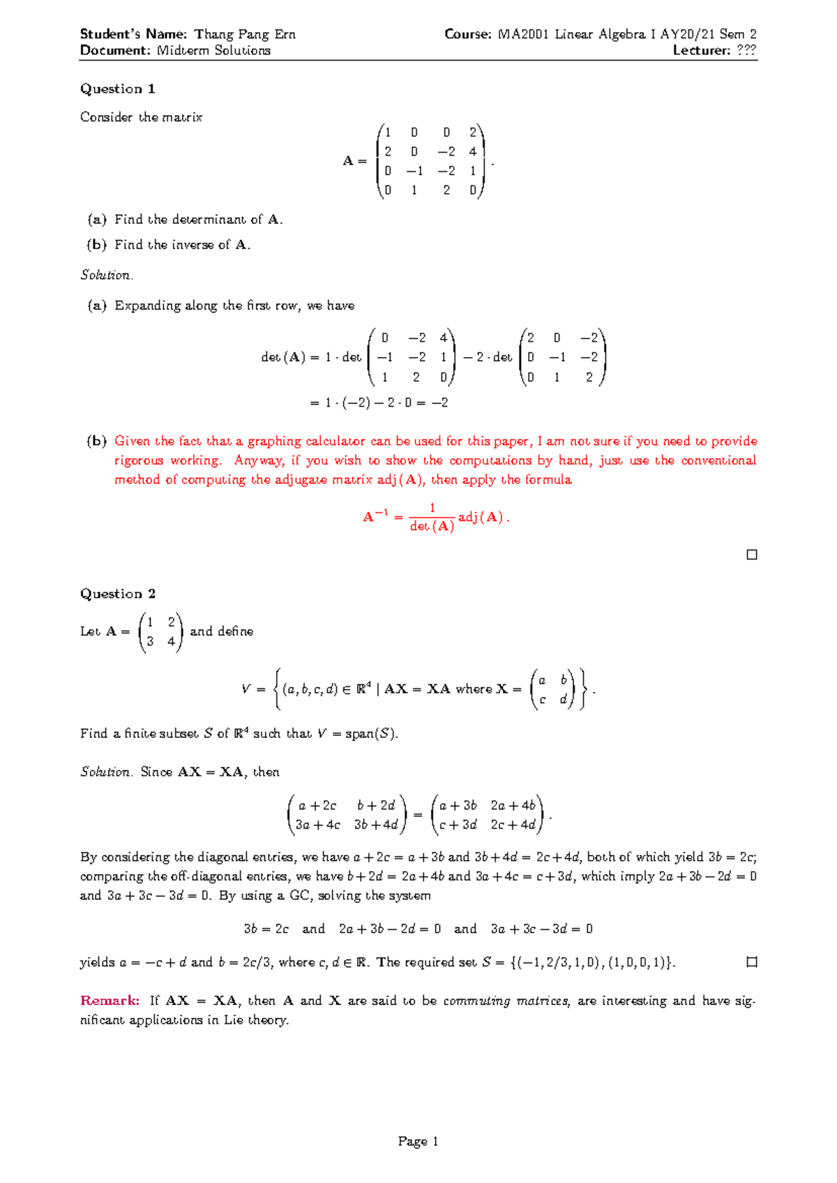 MA2001 Midterm AY2021 Sem 2 Solutions - Student’s Name: Thang Pang Ern ...