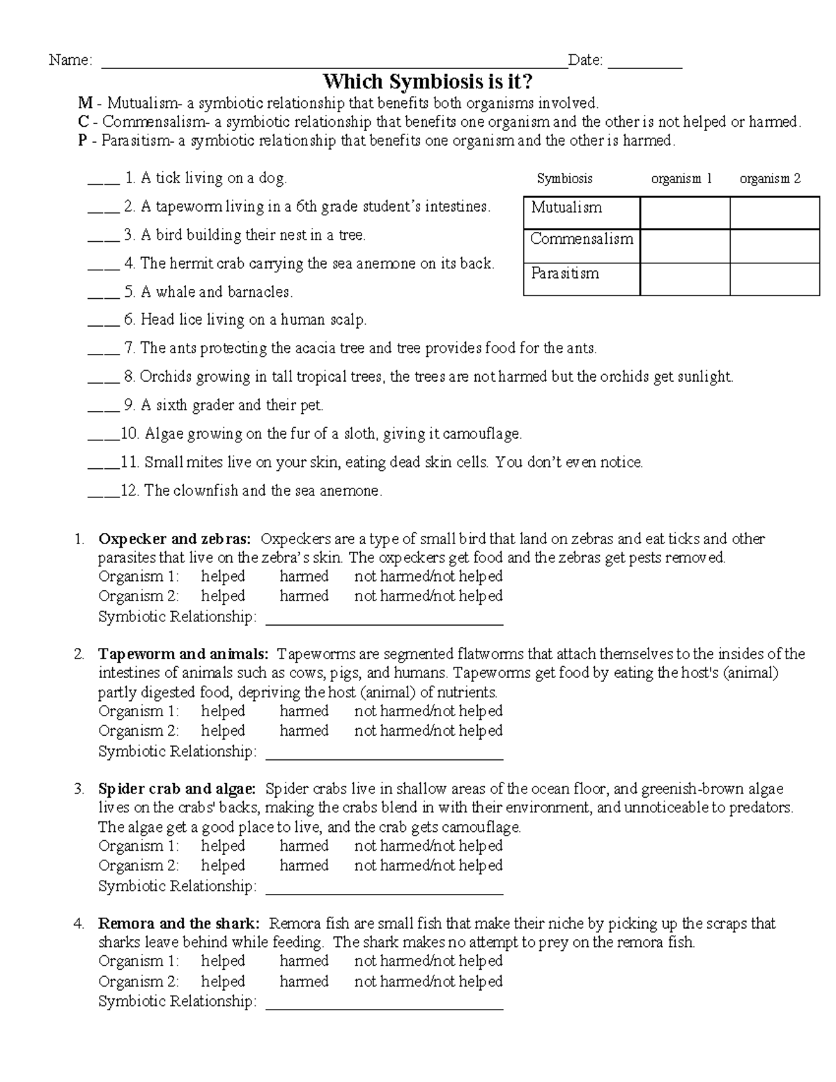 Symbiosis Worksheet - Practice symbiotic relationships - Name: - Studocu