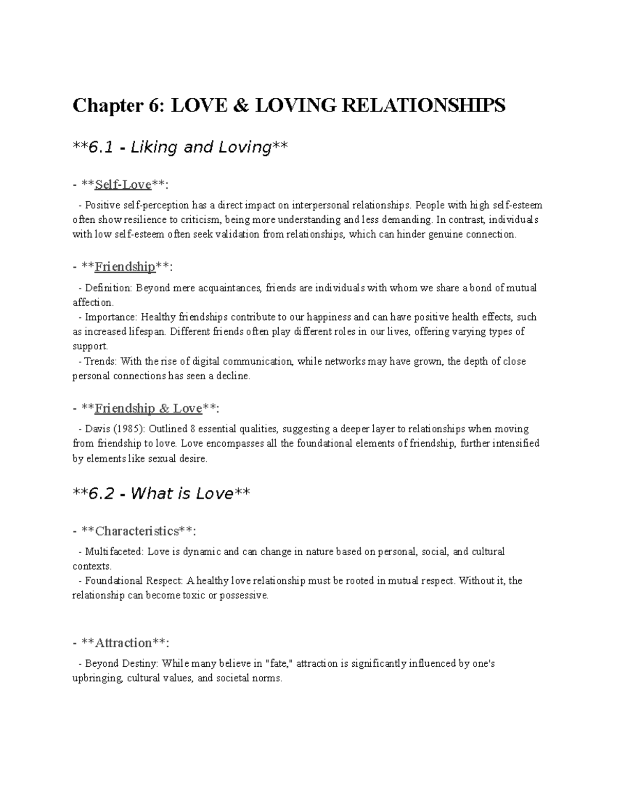 FCS 340 CH 6, 7, 8, 9, 11, 12 Notes - Chapter 6: LOVE & LOVING ...