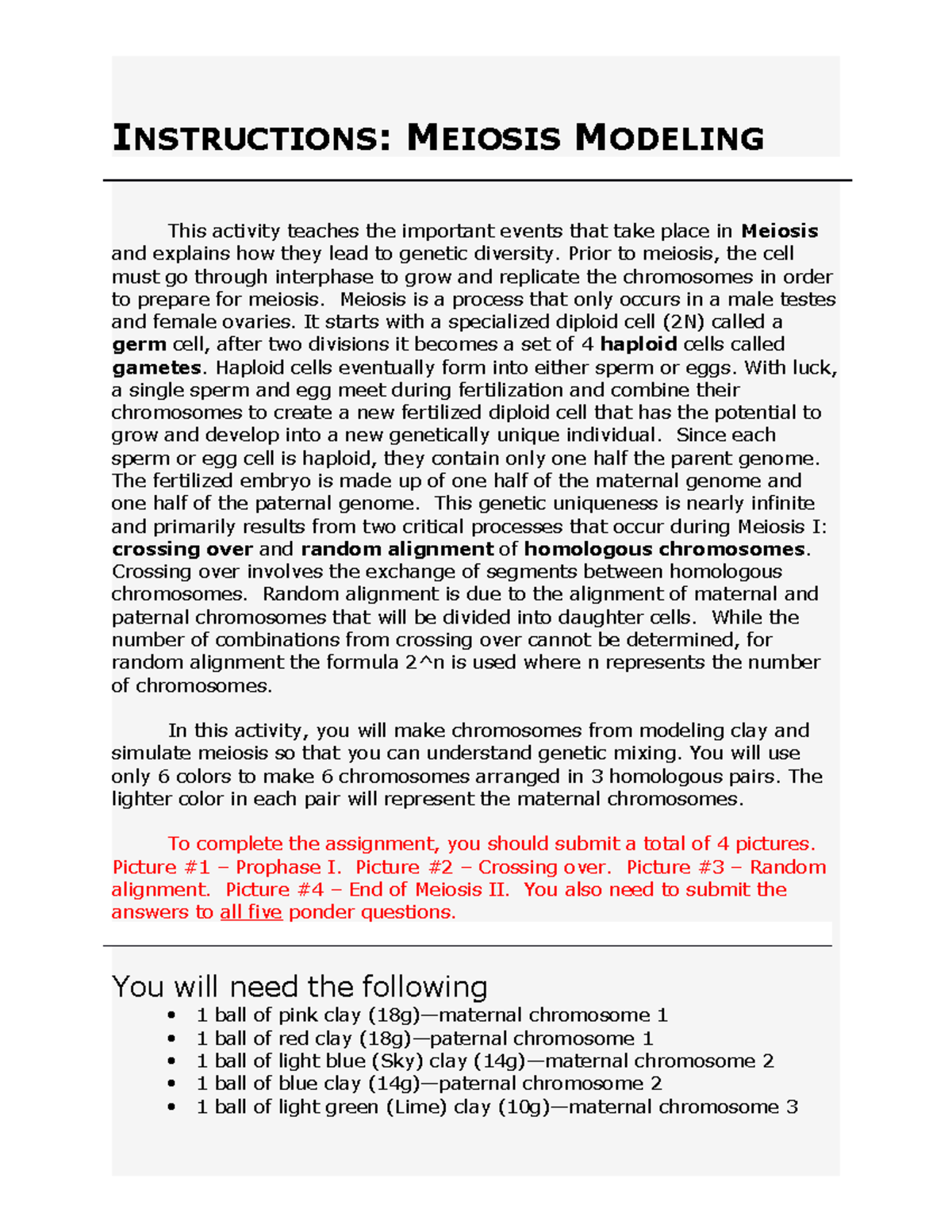 Meiosis Project - INSTRUCTIONS: MEIOSIS MODELING This activity teaches ...