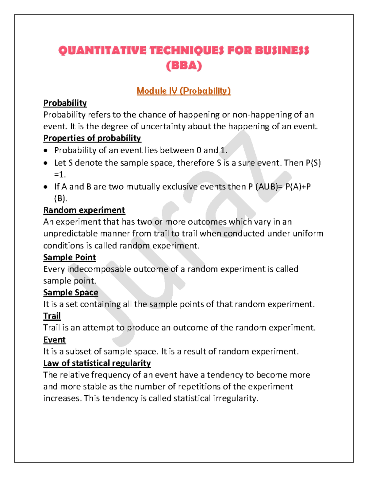 QT- BBA- Module IV- Juraz - Module IV (Probability) Probability Probability refers to the chance ...