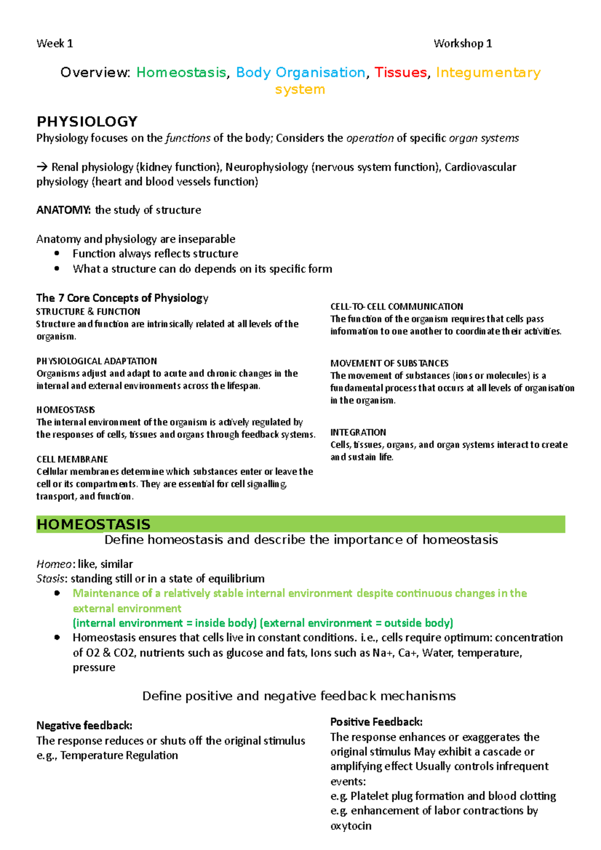 Workshop 1 notes - Overview: Homeostasis, Body Organisation, Tissues ...