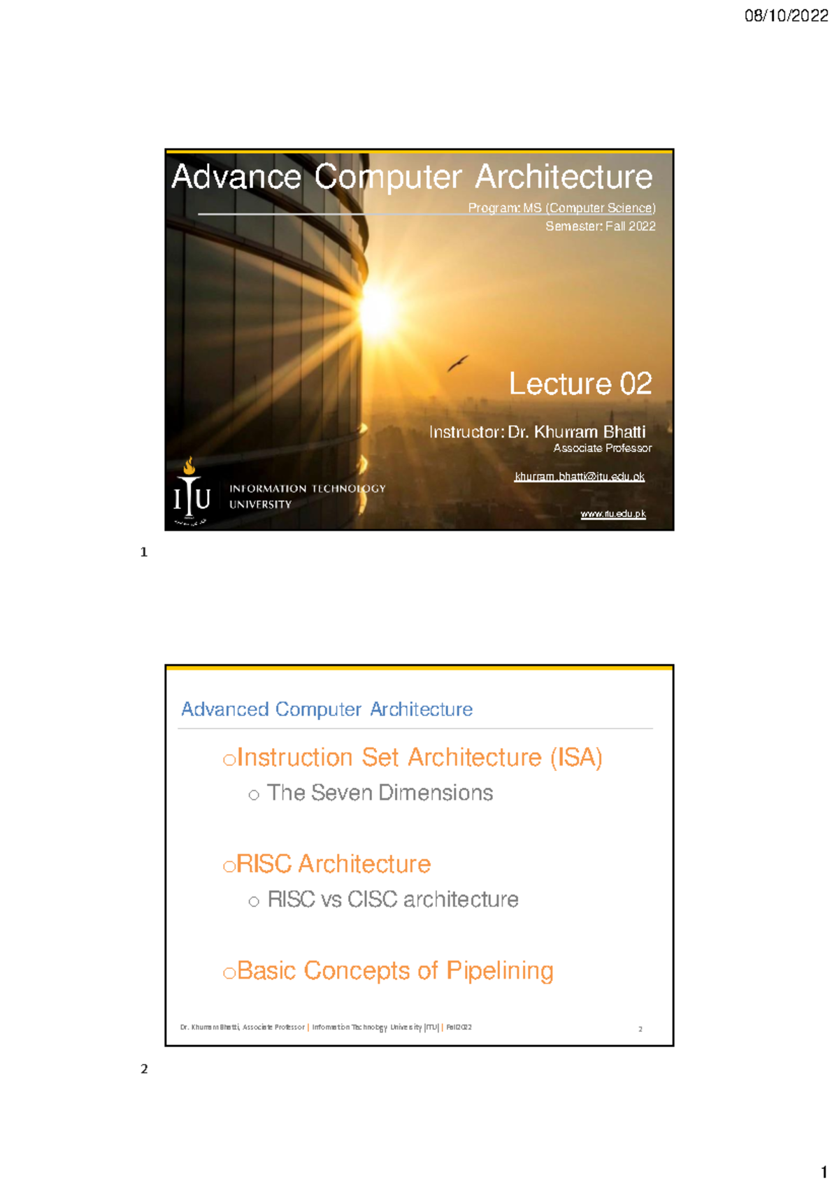 ACA-02 -Review of ISA-RISC-Pipelining MSCS22 06oct2022 - Dr. Khurram Bhatti, Associate Professor ...