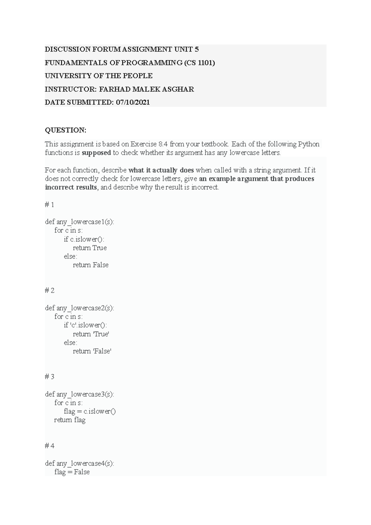 Discussion Forum Assignment UNIT 5 CS 1101 - DISCUSSION FORUM ASSIGNMENT UNIT 5 FUNDAMENTALS OF ...