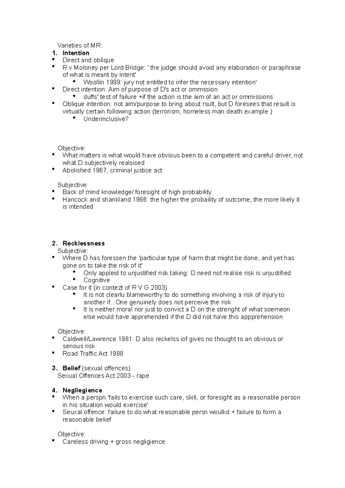 MR Mens Rea element - Mens Rea notes - Varieties of MR: 1. Intention ...