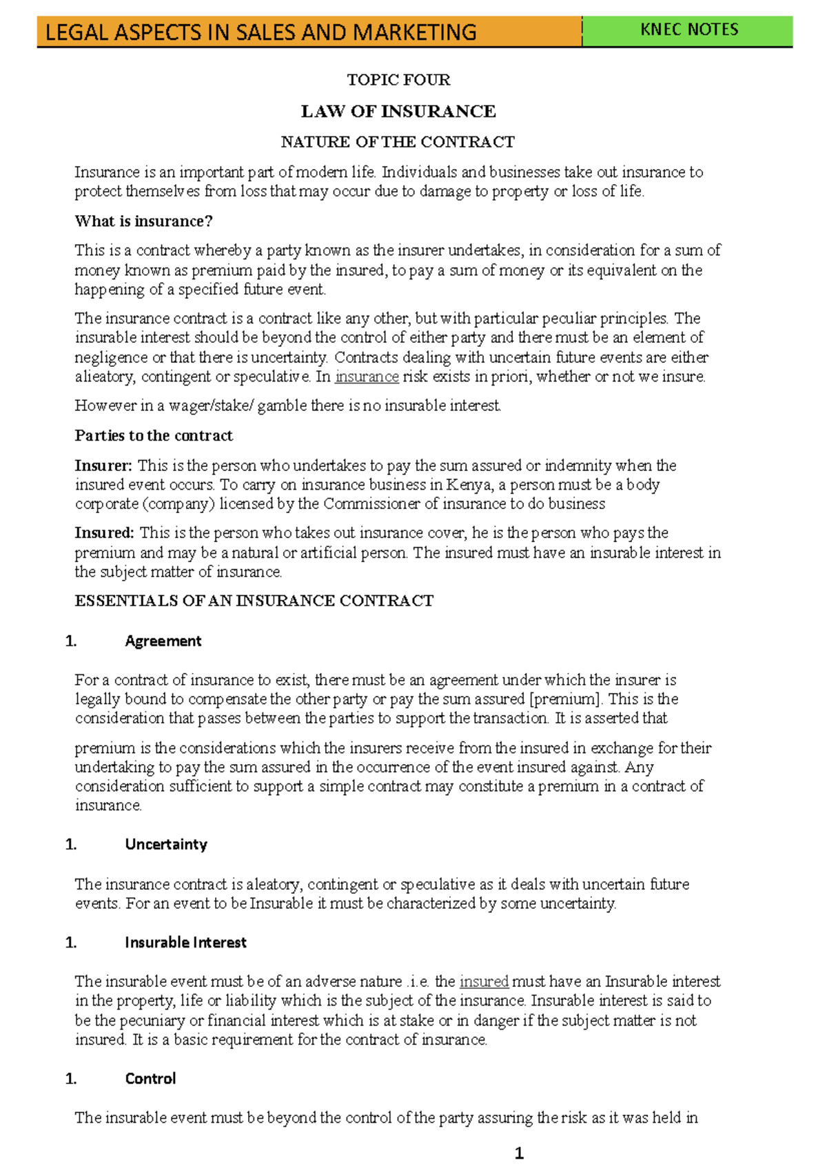 Law of Insurance - TOPIC FOUR LAW OF INSURANCE NATURE OF THE CONTRACT ...