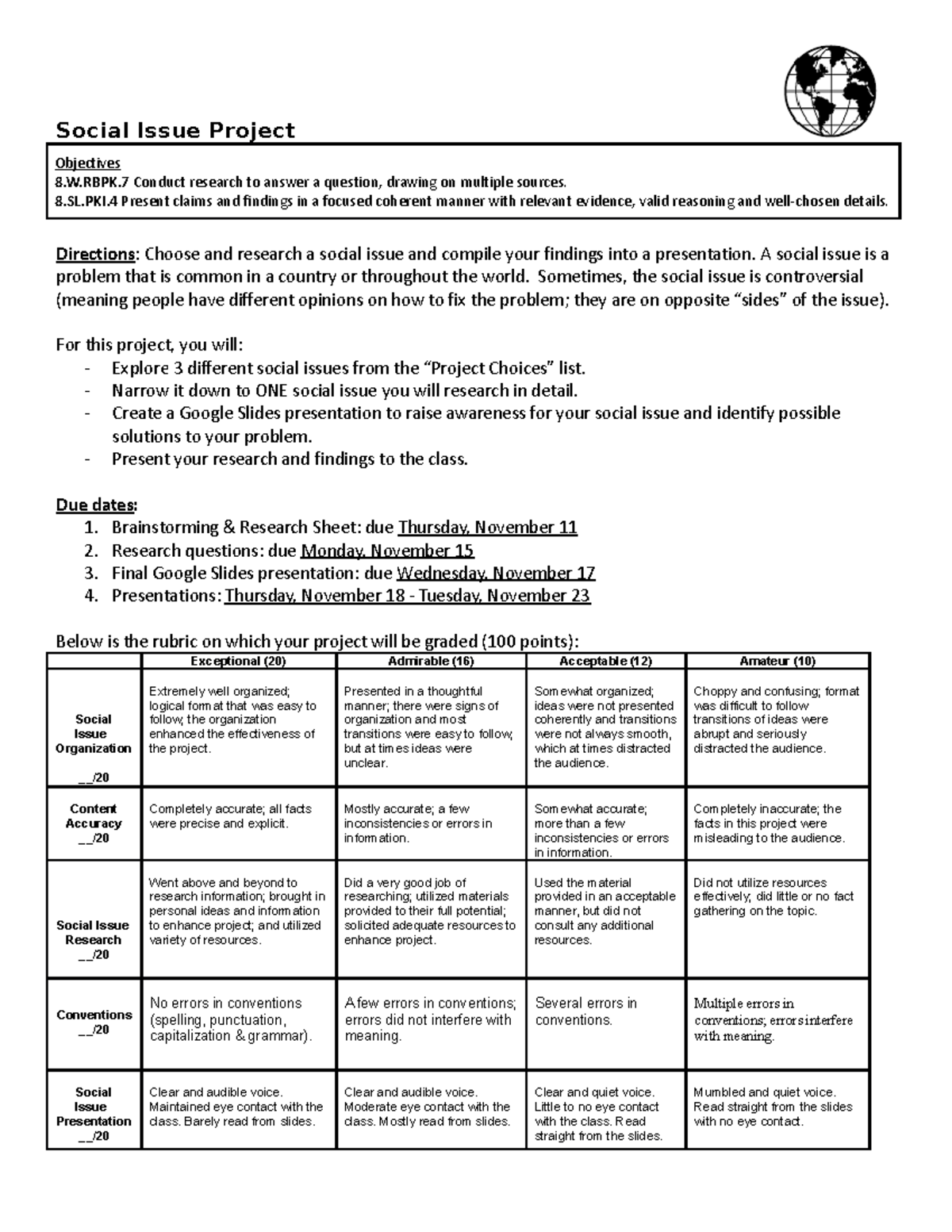 Copy of Social Issues Project GSlides - Social Issue Project Objectives ...