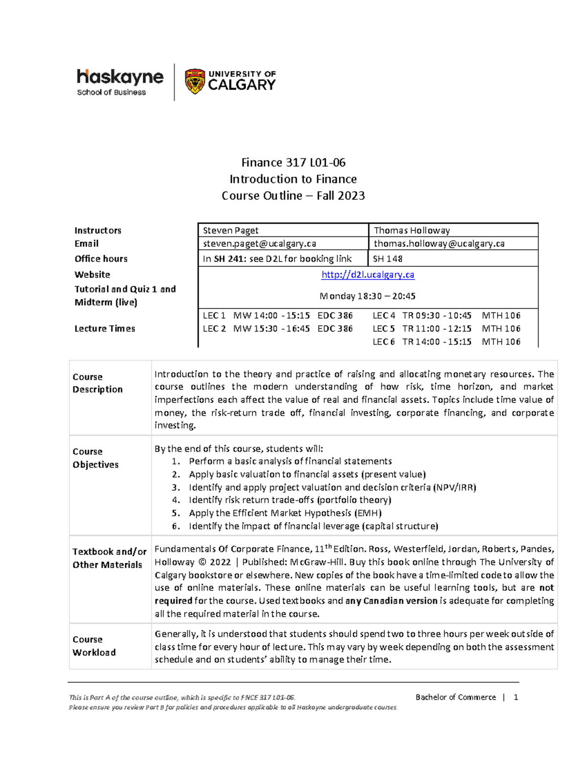 F23 FNCE 317 L01-L06 Course Outline - Part A - Thomas Holloway Steven ...