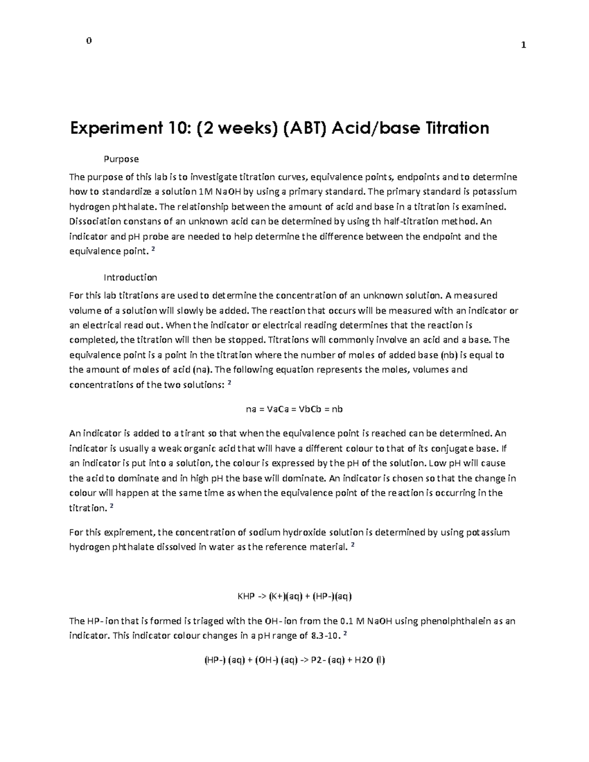 Acid Base Titration Lab - 1 Experiment 10 : (2 weeks) (ABT) Acid/base ...