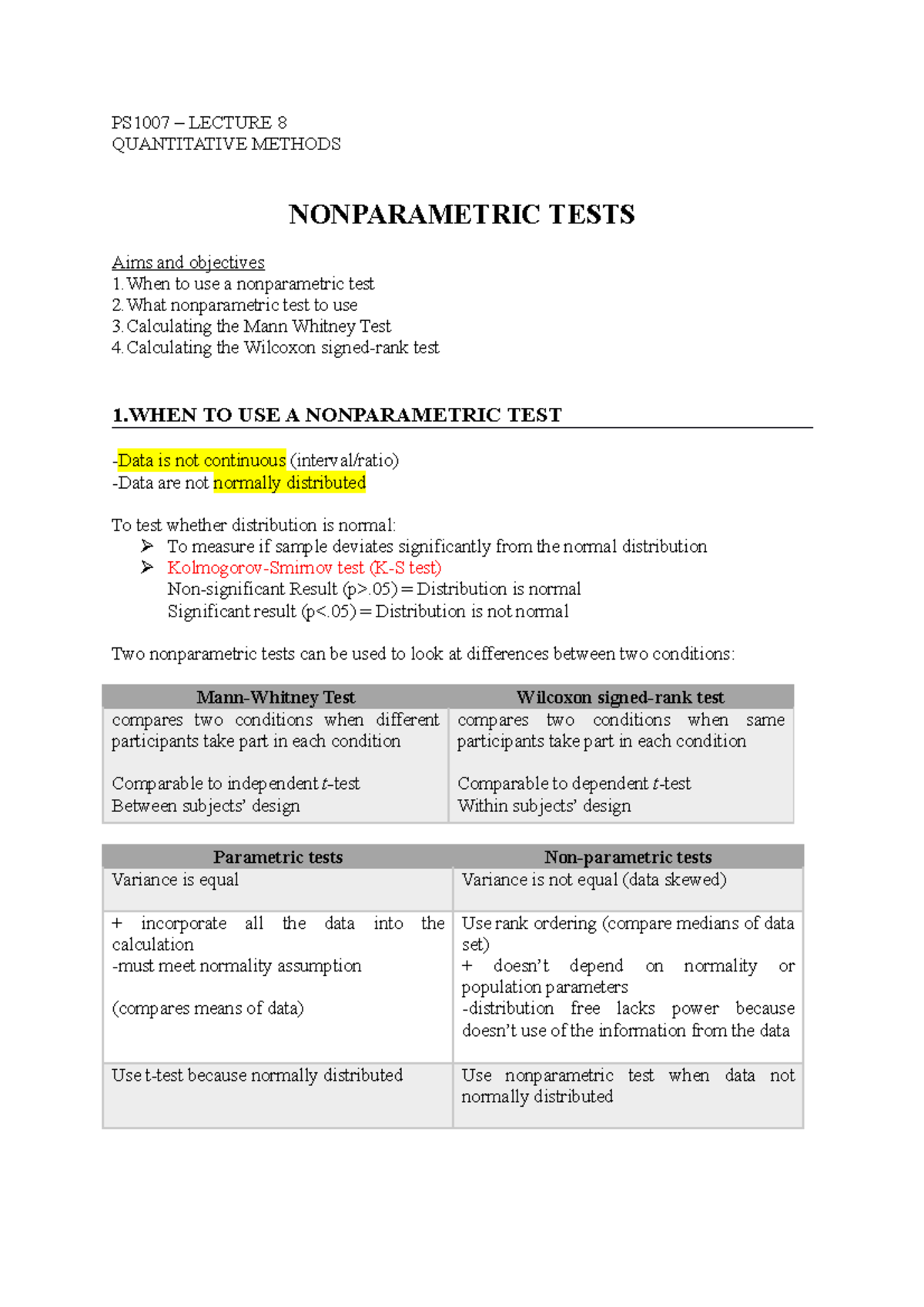 Nonparametric Tests Mann Whitney Test Ps1007 Lecture 8 Quantitative Methods Nonparametric