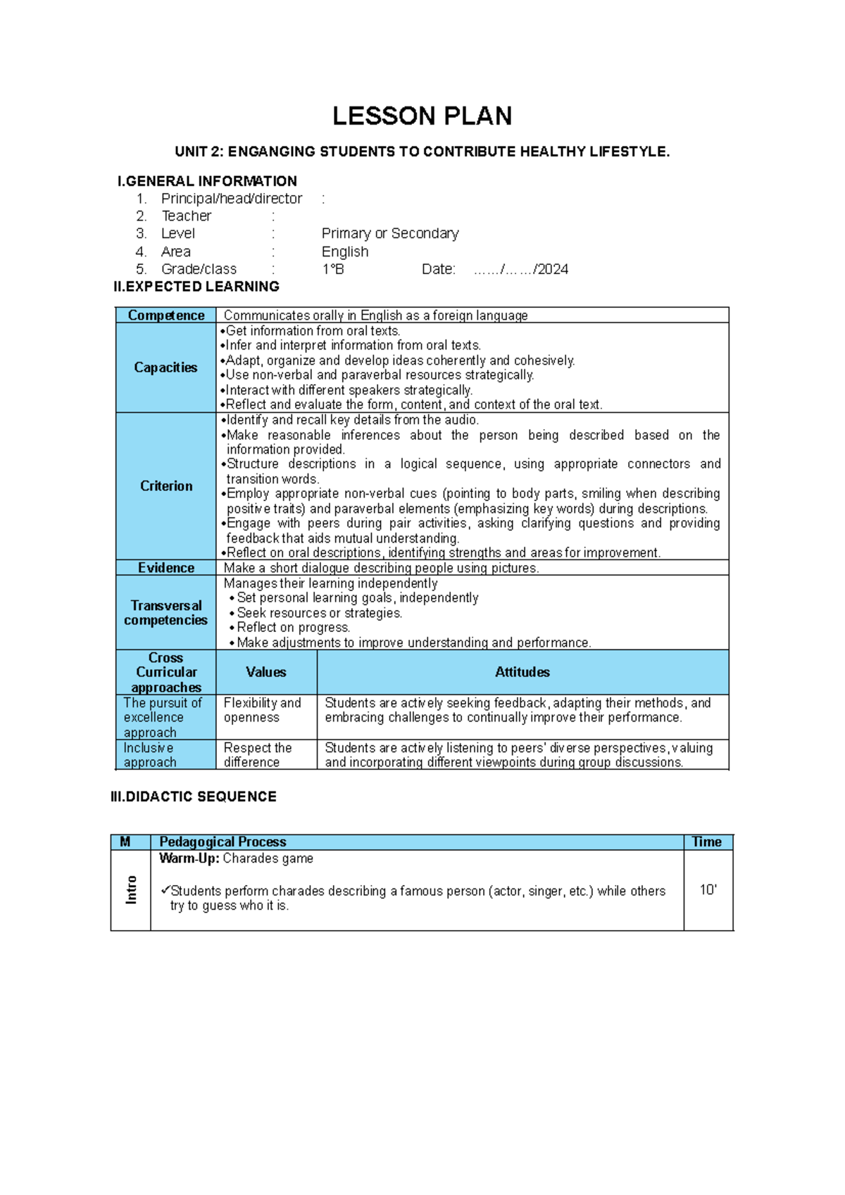 Lesson PLAN Discribing People - LESSON PLAN UNIT 2: ENGANGING STUDENTS ...