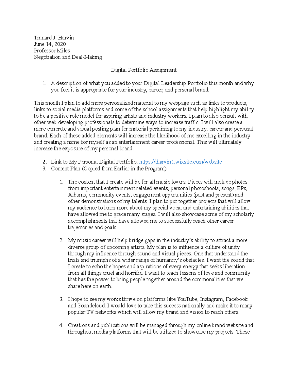 Digital Portfolio Assignment - Tranard J. Harvin June 14, 2020 ...