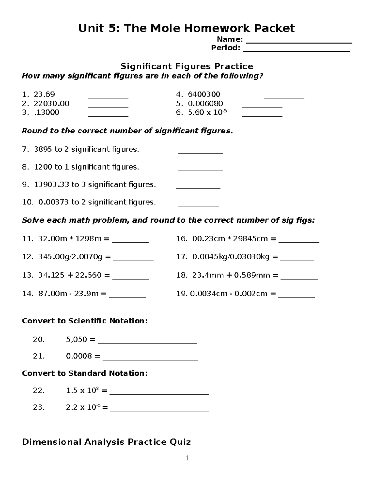 Key Unit 5 The Mole Homework Packet - Name ...