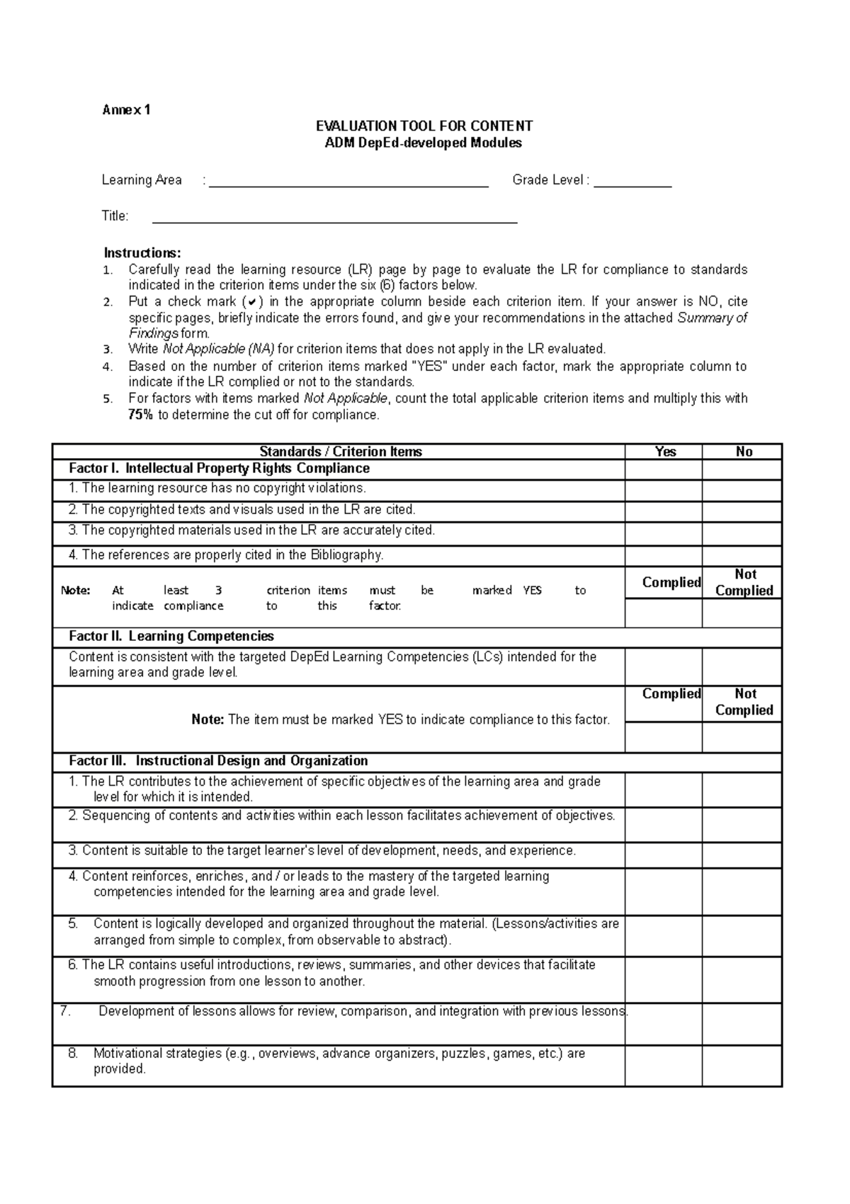 Evaluation TOOL FOR Content - Annex 1 EVALUATION TOOL FOR CONTENT ADM ...