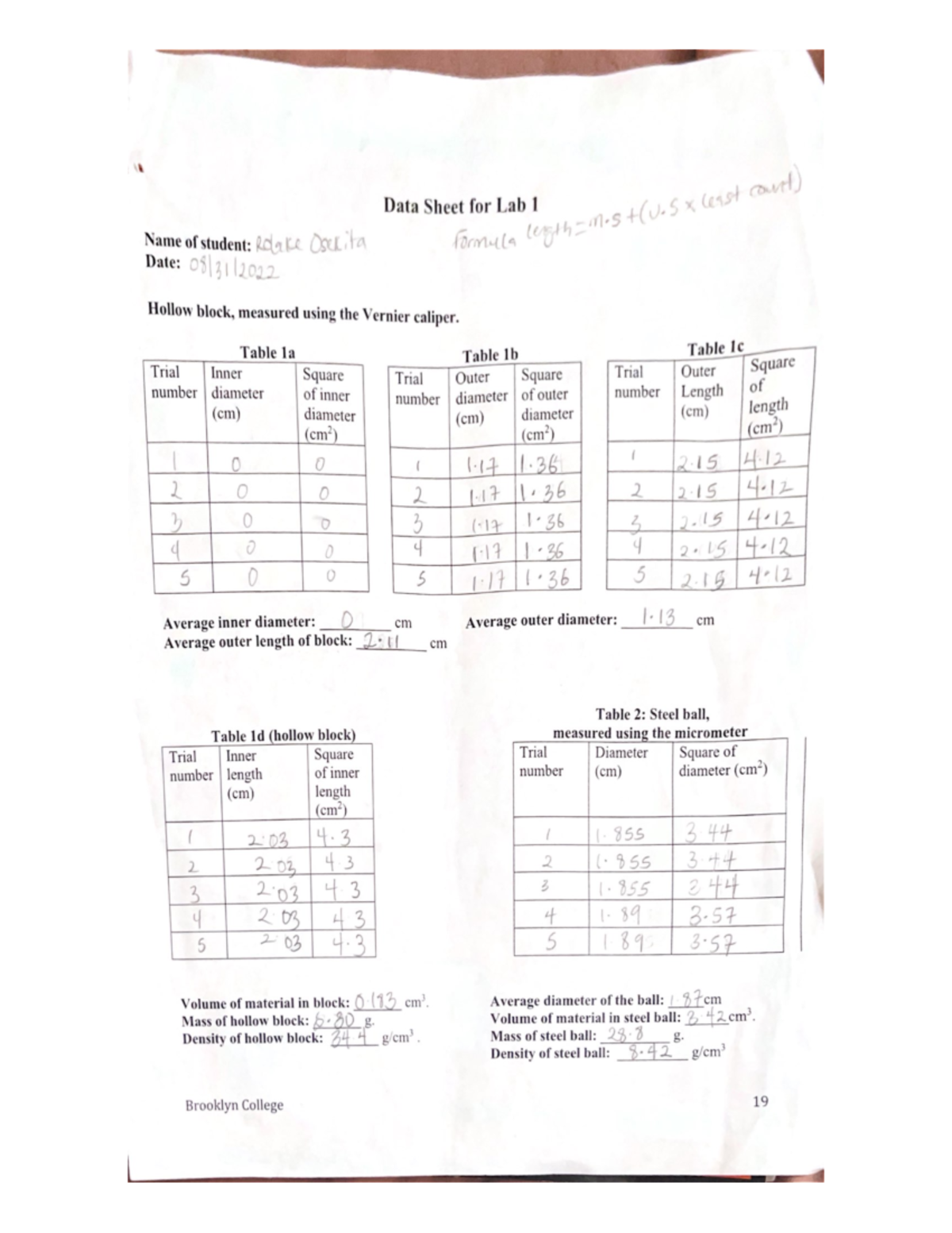 Data Sheet for Lab - PHYS 1100 - Studocu