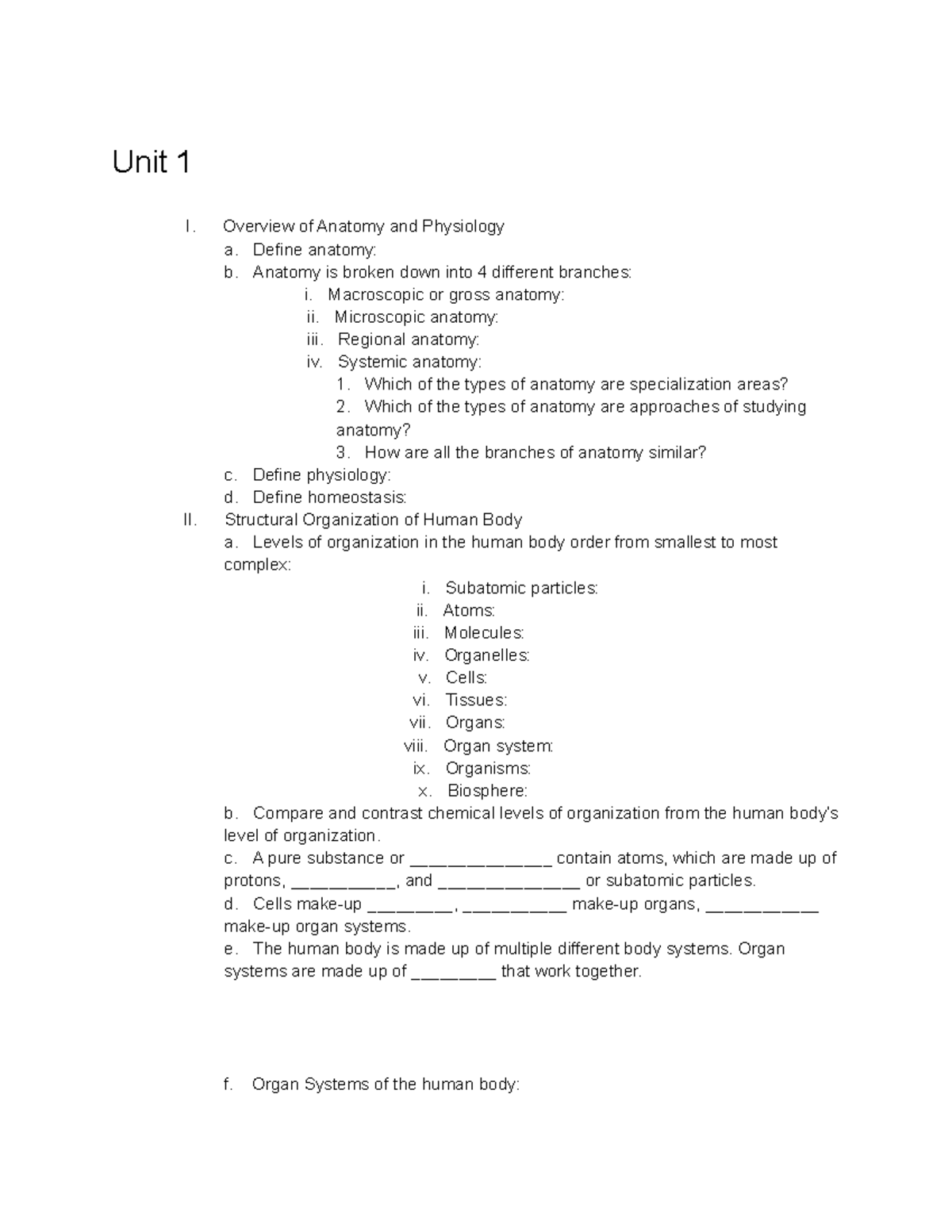 Unit 1 Notes - Unit 1 I. Overview of Anatomy and Physiology a. Define ...