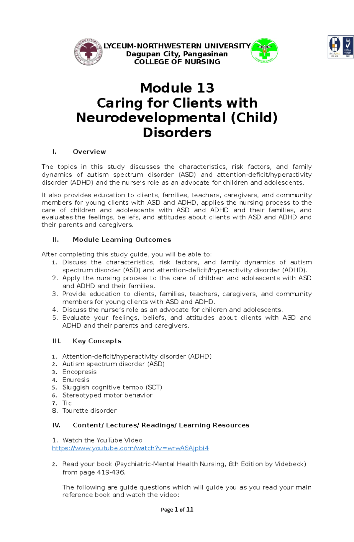 Study Guide 13 Psychiatric Nursing - LYCEUM-NORTHWESTERN UNIVERSITY ...