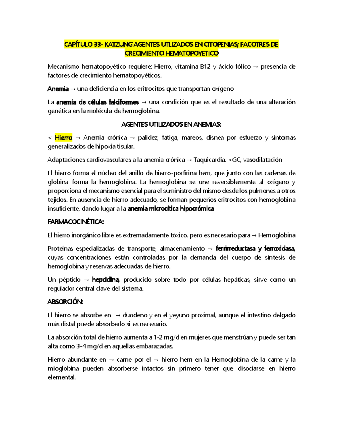 Apunte - Anemias - Resumen Farmacología Clínica - CAPÍTULO 33- KATZUNG ...