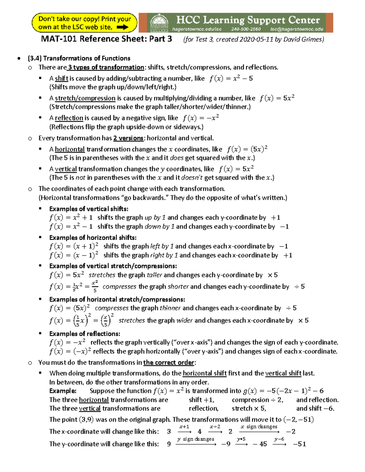 MAT 101 Reference Sheet - Part 3 - MAT‐101 Reference Sheet: Part 3 ...