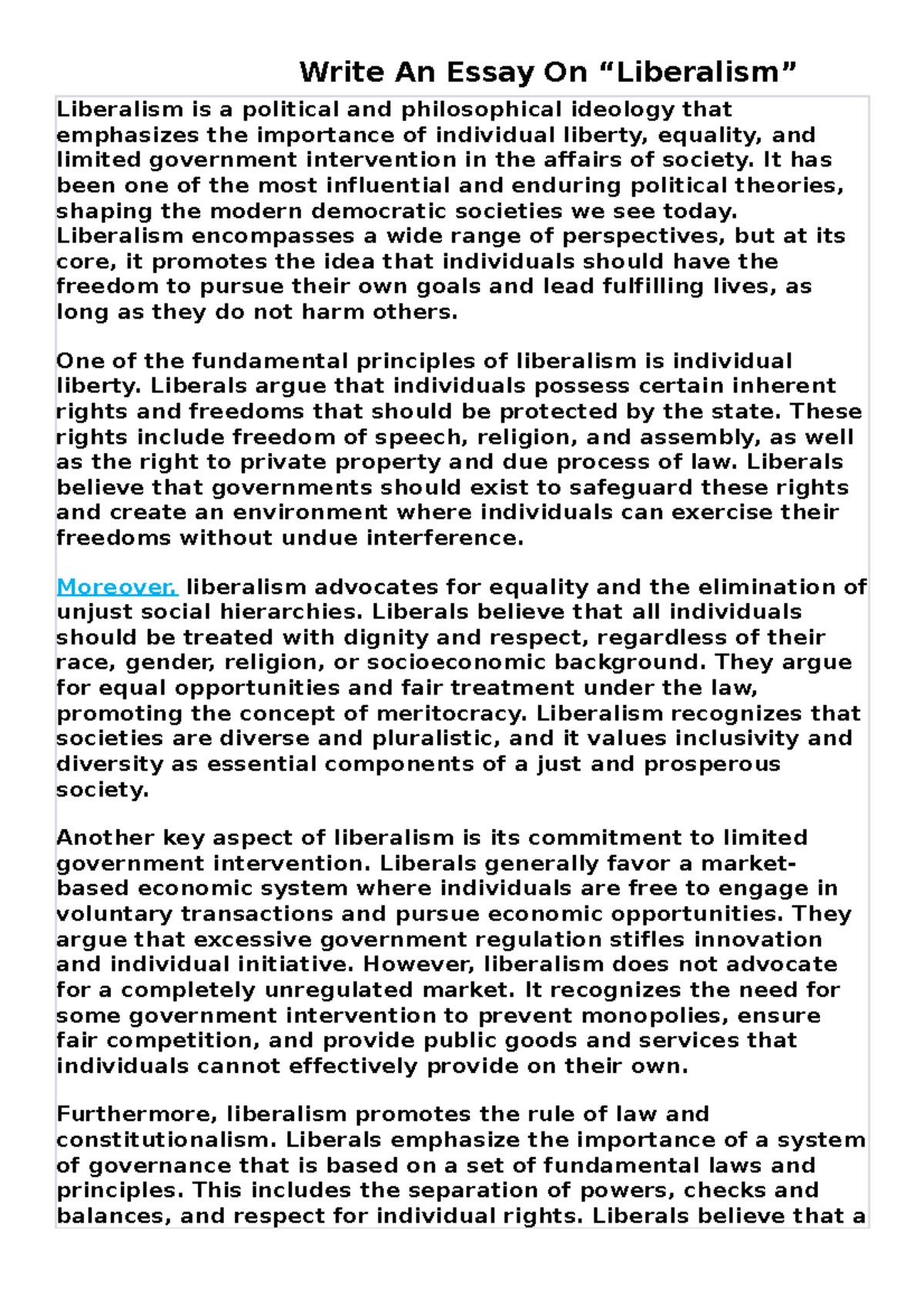 Liberalism is a political and philosophical ideology - English I ...