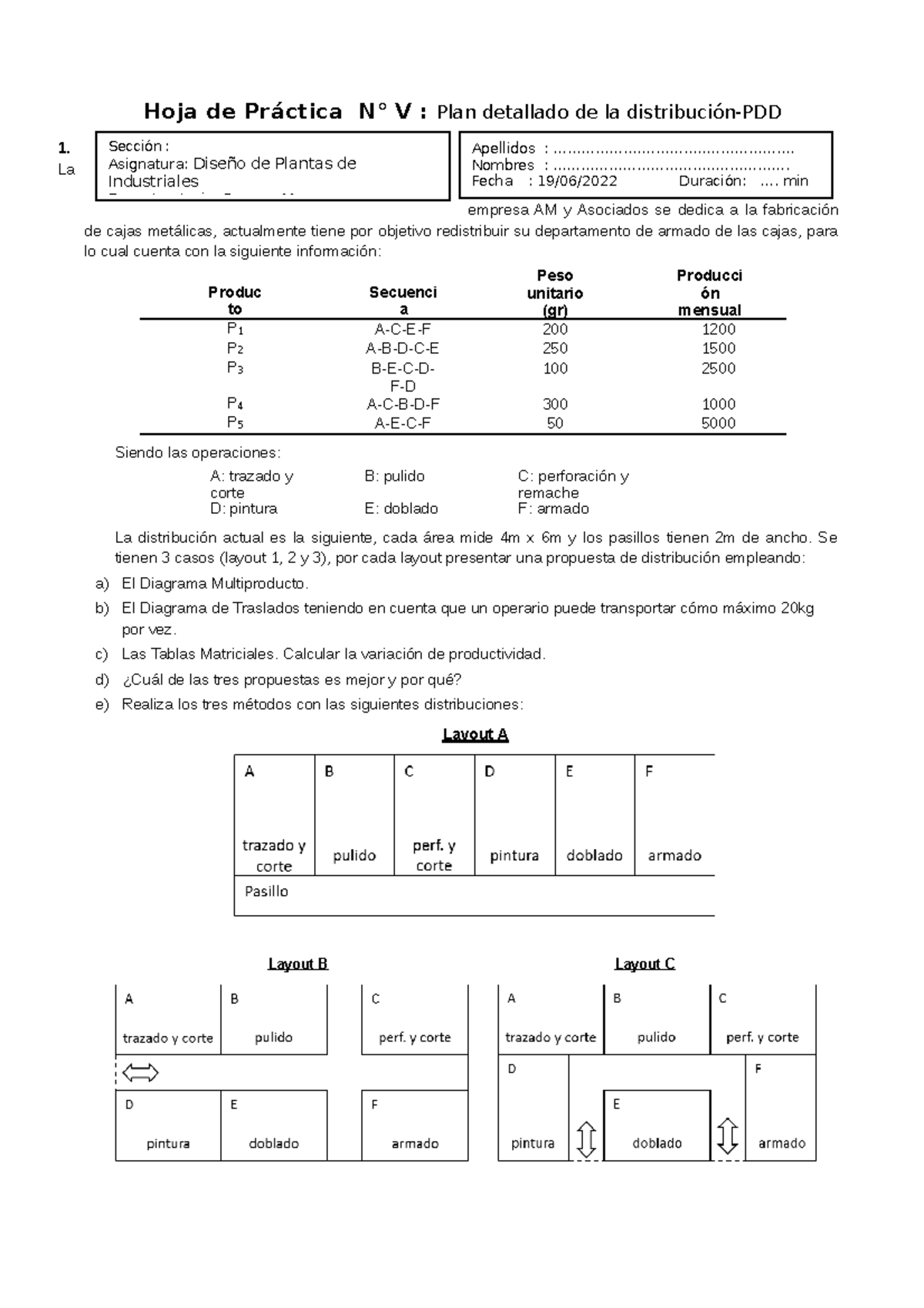 Hoja de práctica N° V - ejercicios tipo examen - Hoja de Práctica N° V : Plan detallado de la ...
