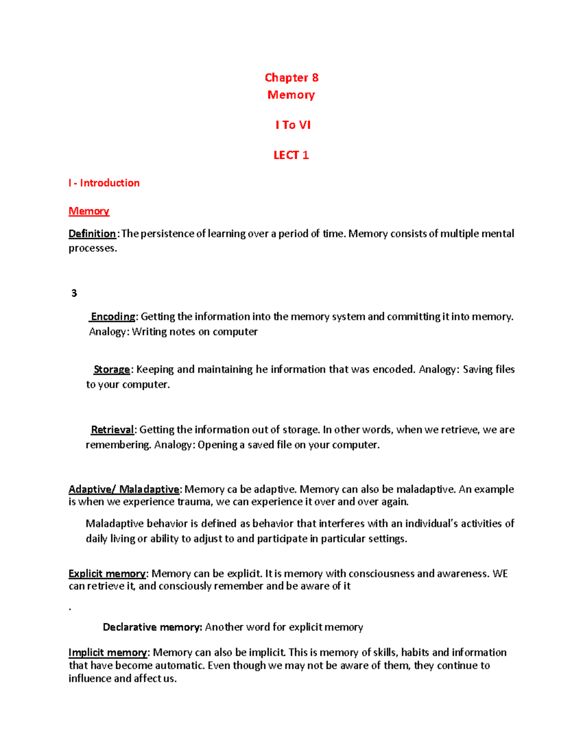 PSY1101-BPs CH 8 LECT 1 - With Najwa Haddad - Chapter 8 Memory I To VI LECT 1 I - Introduction ...