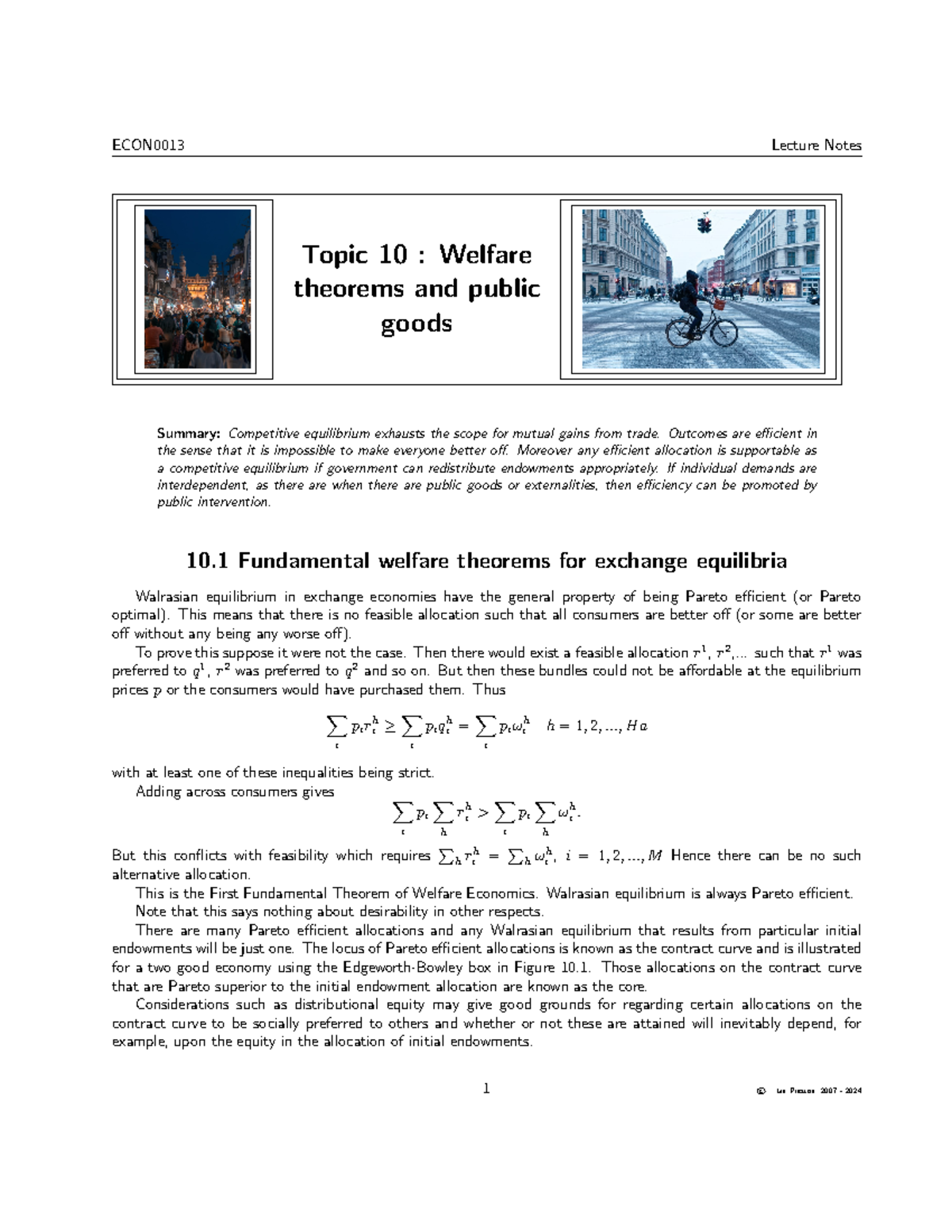 0013 lect10 - Topic 10 : Welfare theorems and public goods Summary ...