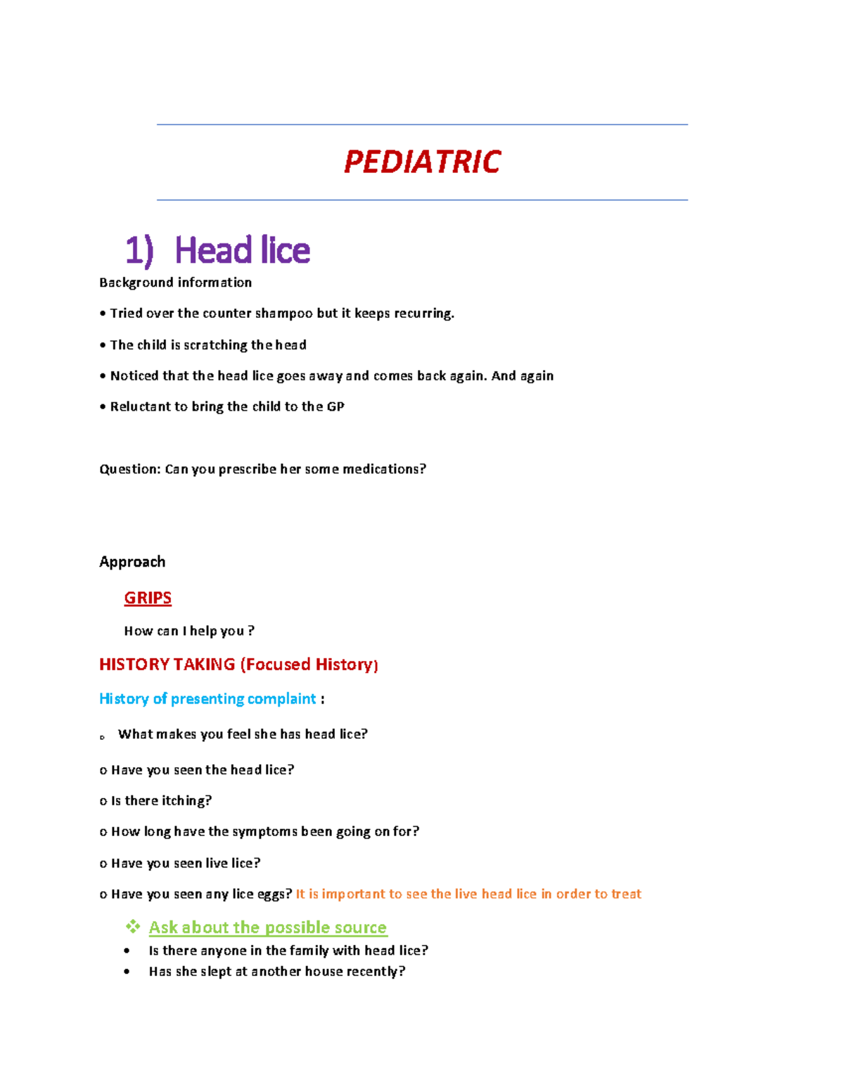New Cases Proforma - PEDIATRIC 1) Head lice Background information ...