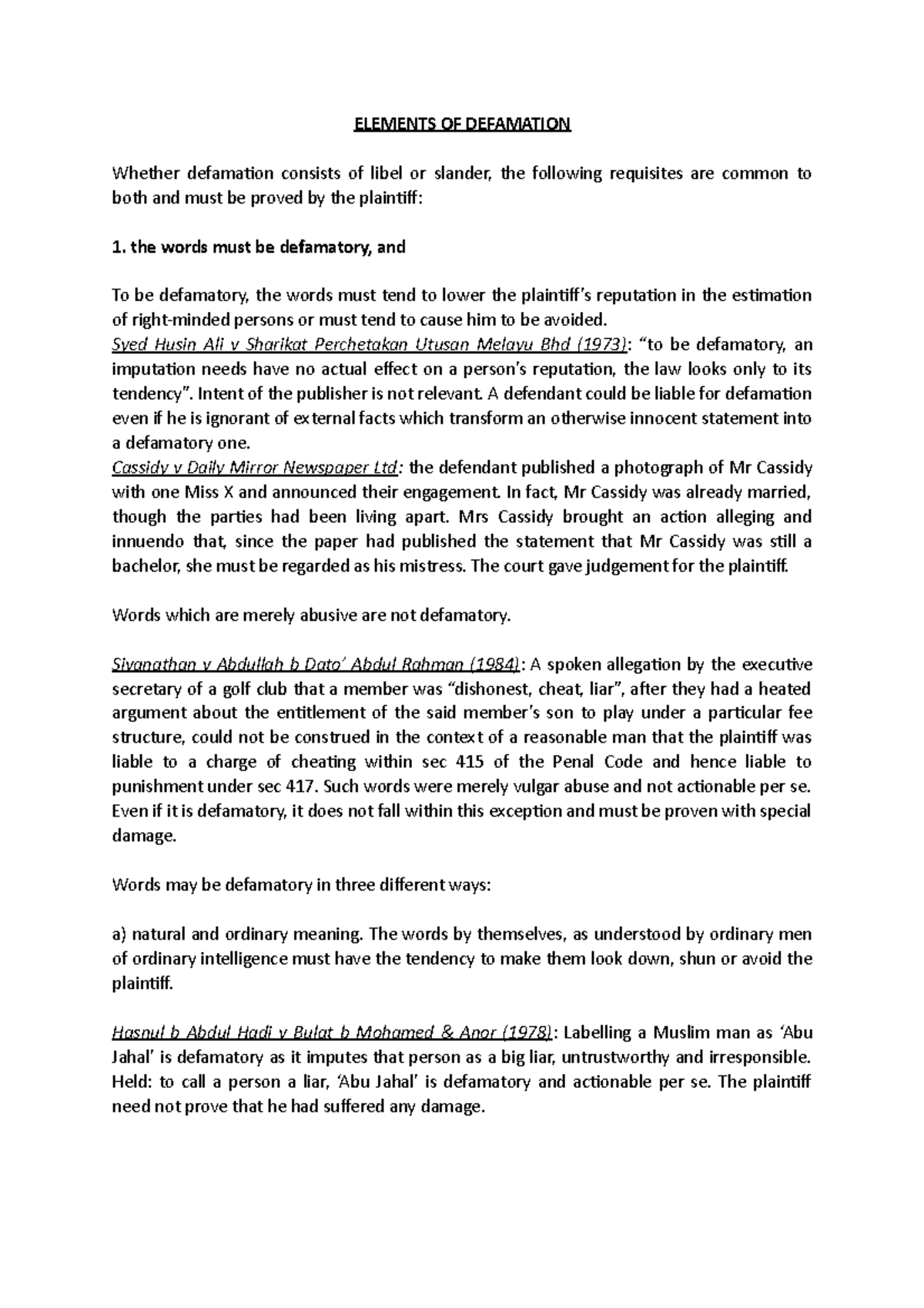 Elements OF Defamation - ELEMENTS OF DEFAMATION Whether defamation ...