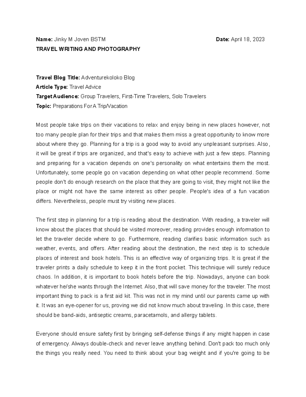 Travel Writing and Photography 04 Laboratory Exercise 1 - Name: Jinky M ...