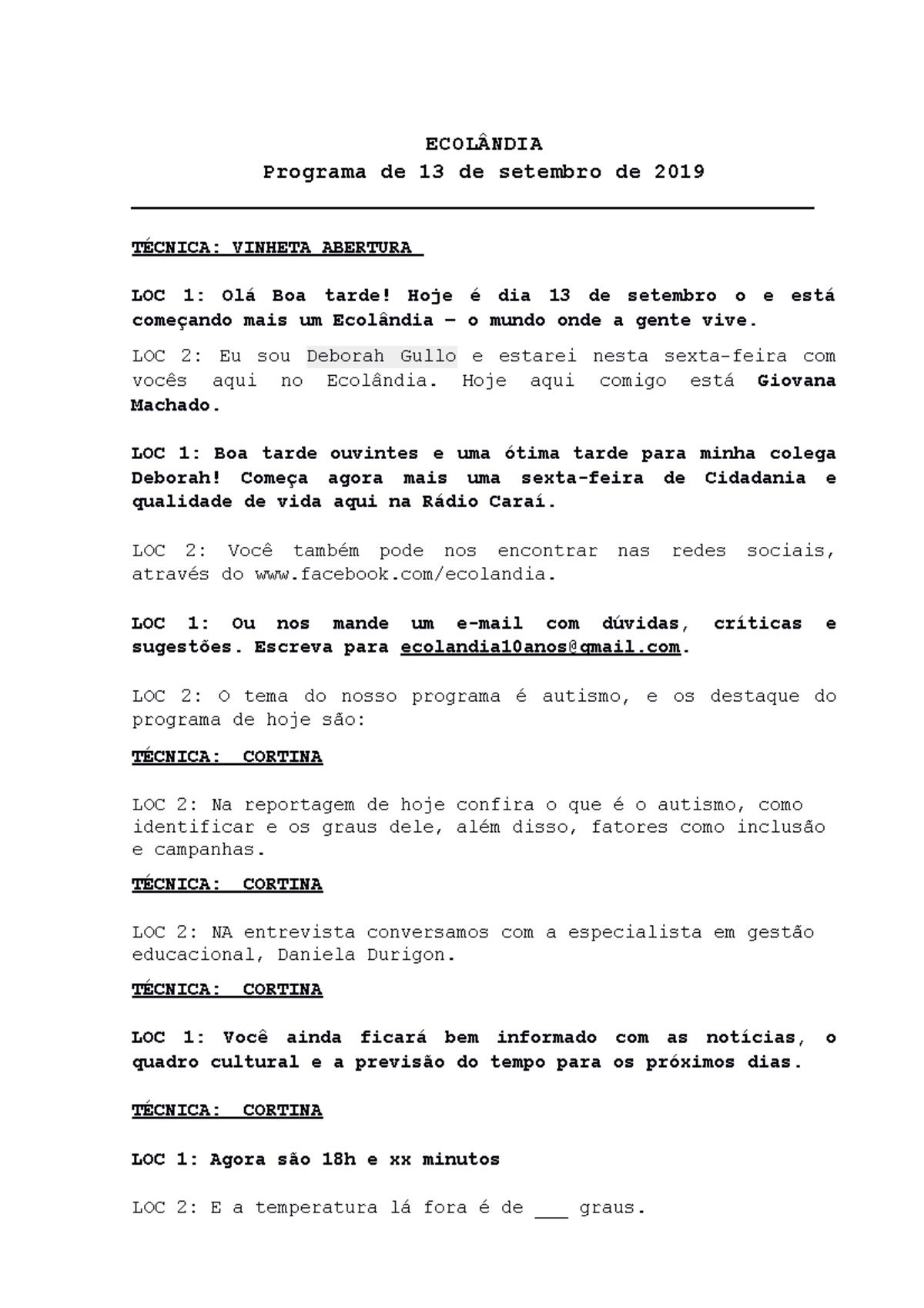 Script do programa 13 - Exemplo de roteiro radiofônico - ECOLÂNDIA Programa de 13 de setembro de ...