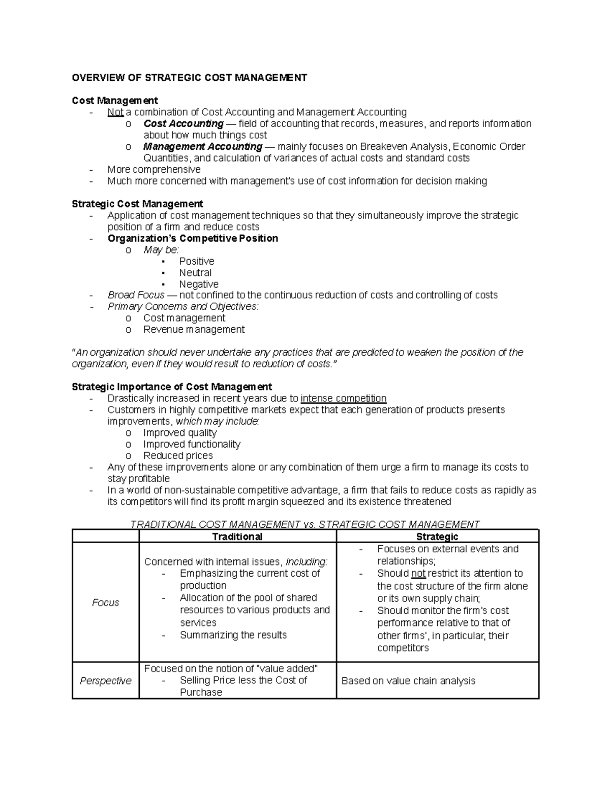 SCM Key Concepts - OVERVIEW OF STRATEGIC COST MANAGEMENT Cost ...