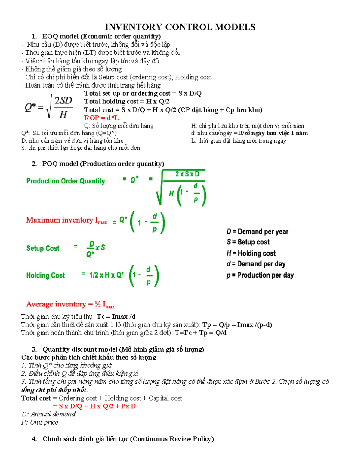 Supply chain..... - INVENTORY CONTROL MODELS 1. EOQ model (Economic ...