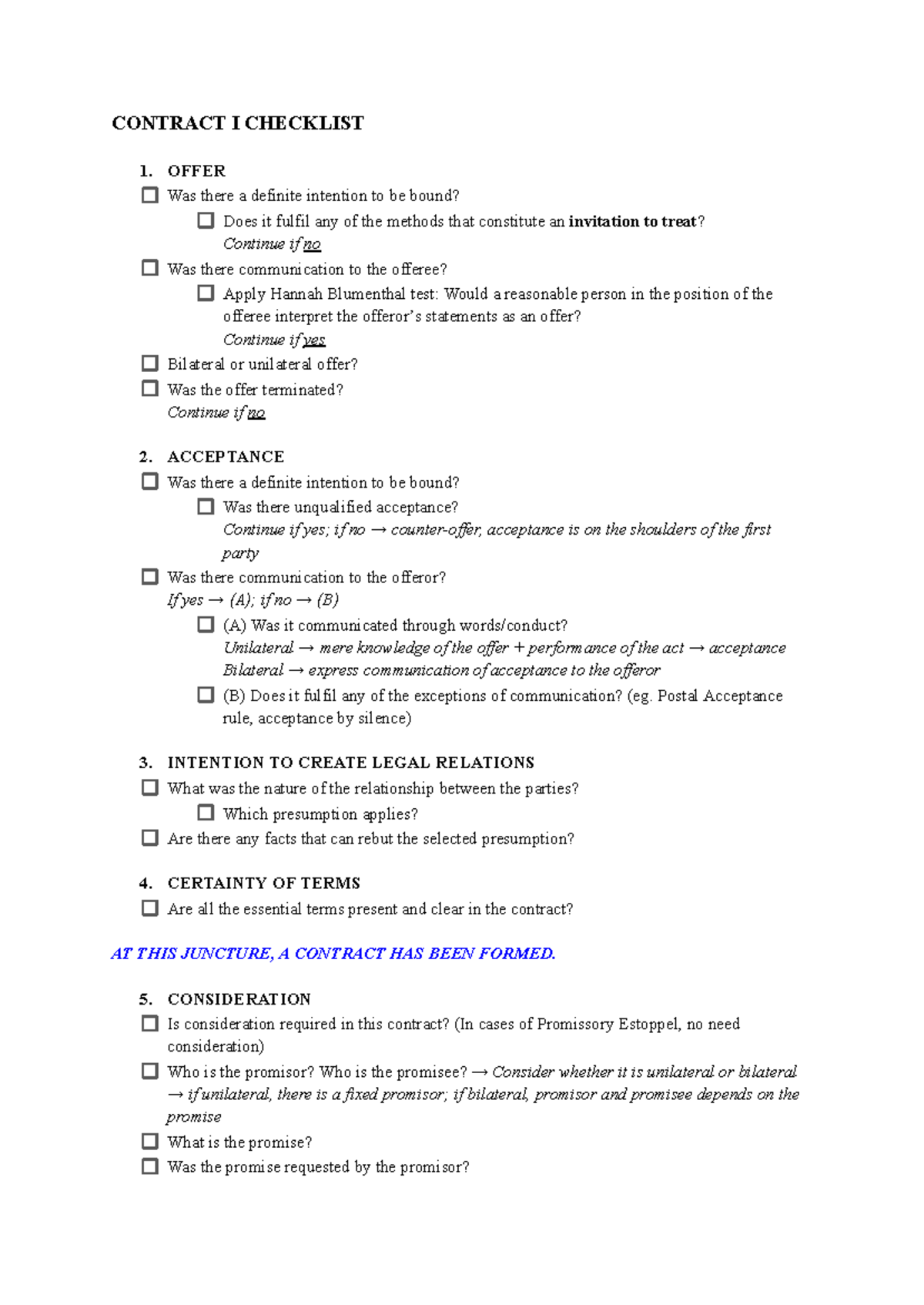 Contract Checklist - CONTRACT I CHECKLIST 1. OFFER Was there a definite ...