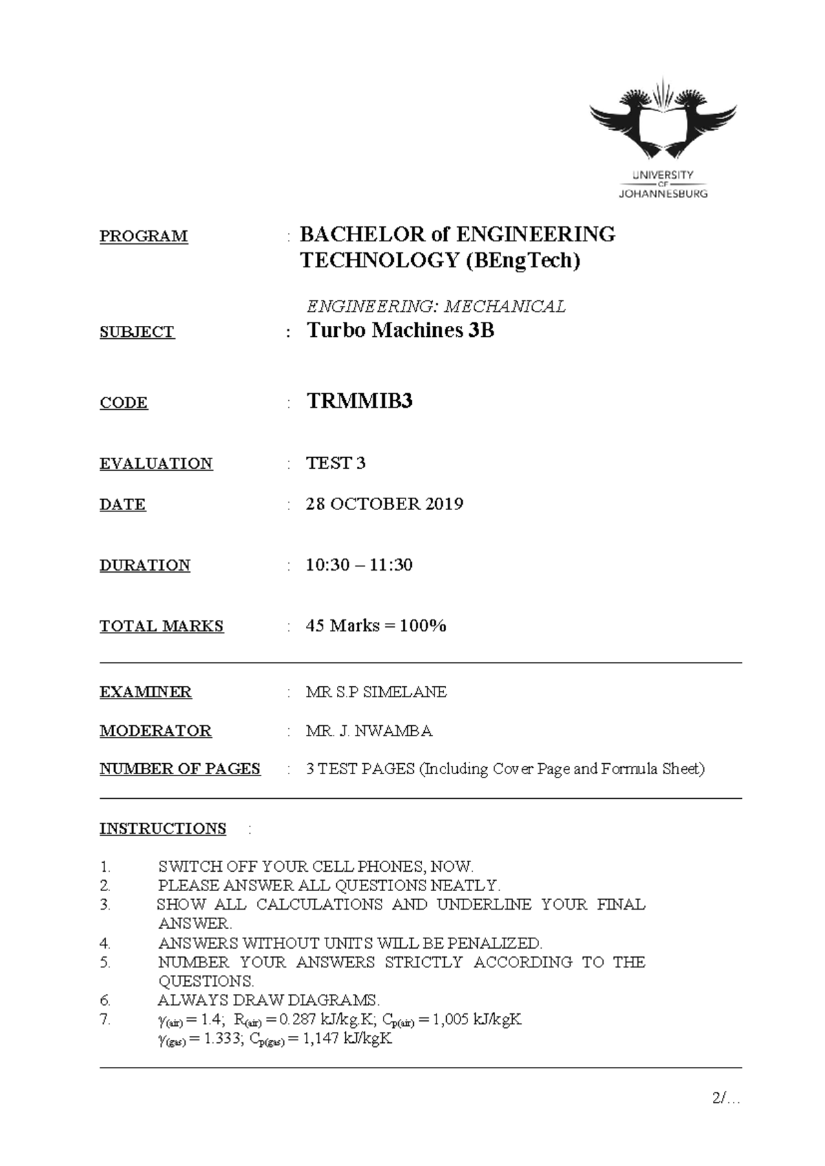 Trmmib 3 Test 3-1 - PROGRAM : BACHELOR of ENGINEERING TECHNOLOGY ...
