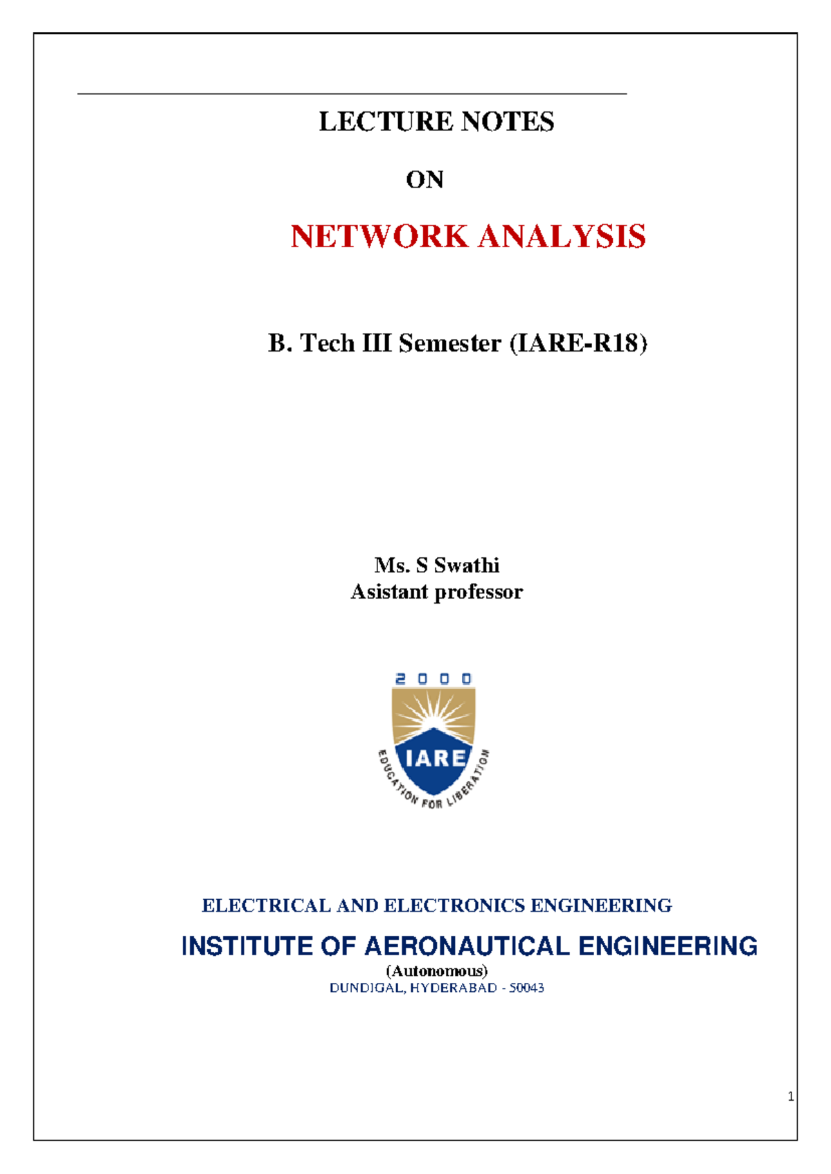 LECTURE NOTES ON NETWORK ANALYSIS - Tech III Semester (IARE-R18) Ms. S ...