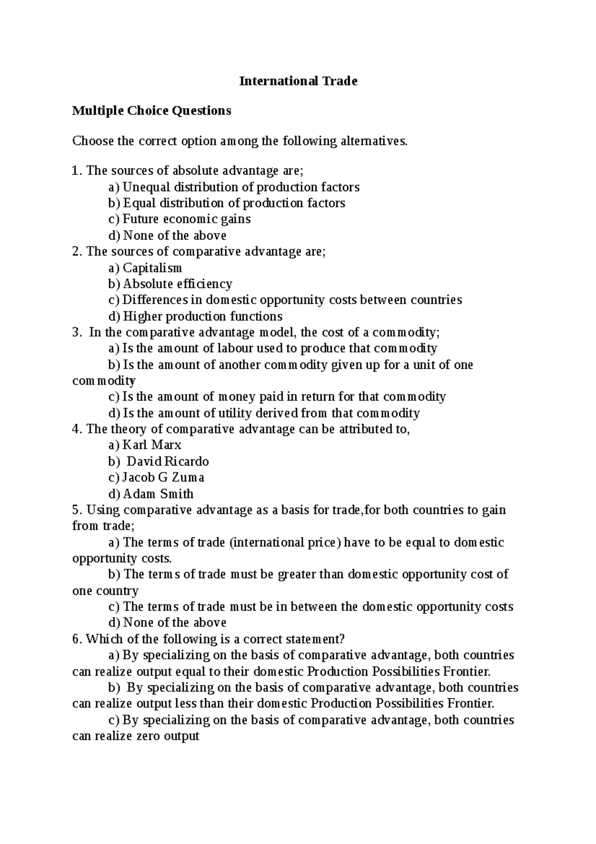 International Trade tut 2 questions - International Trade Multiple ...