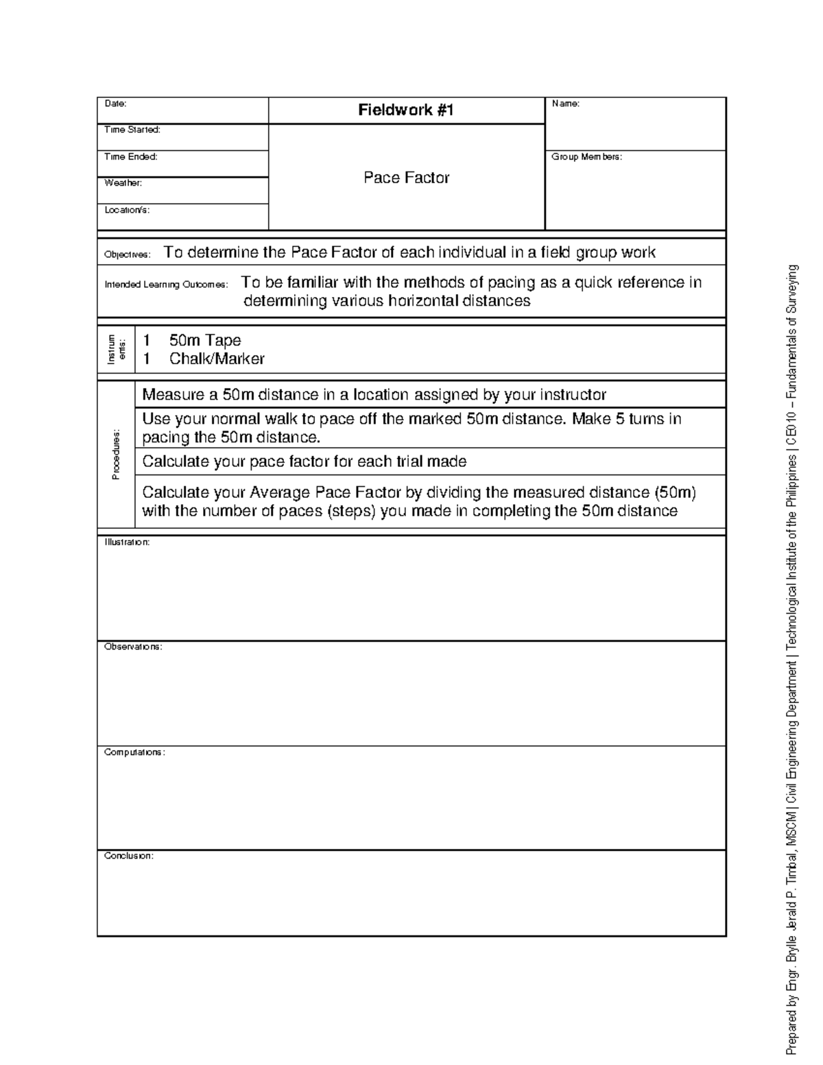 Surveying - Fieldwork 1 - Pace Factor - Date: Fieldwork Name: Time ...