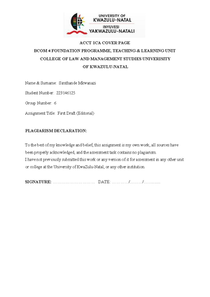 Assignment 1 Cover Page link - ACCT 1CA COVER PAGE BCOM 4 FOUNDATION ...