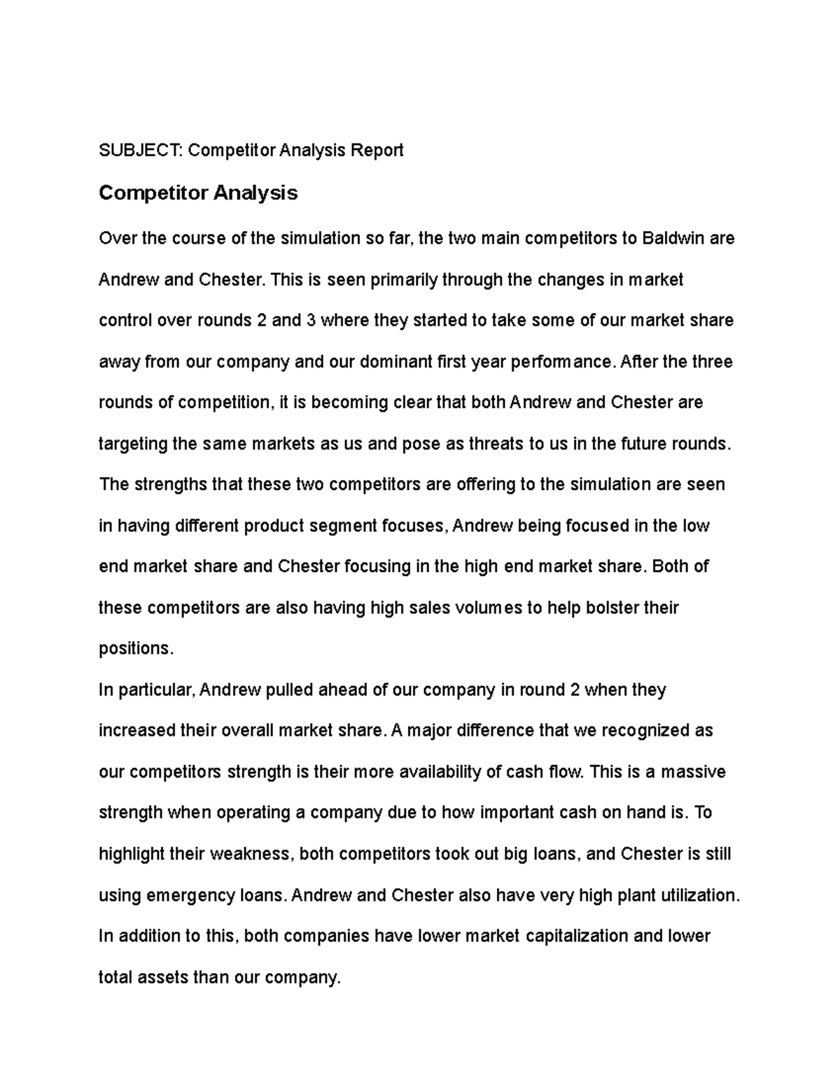 Competitor Analysis Report 494 - SUBJECT: Competitor Analysis Report ...