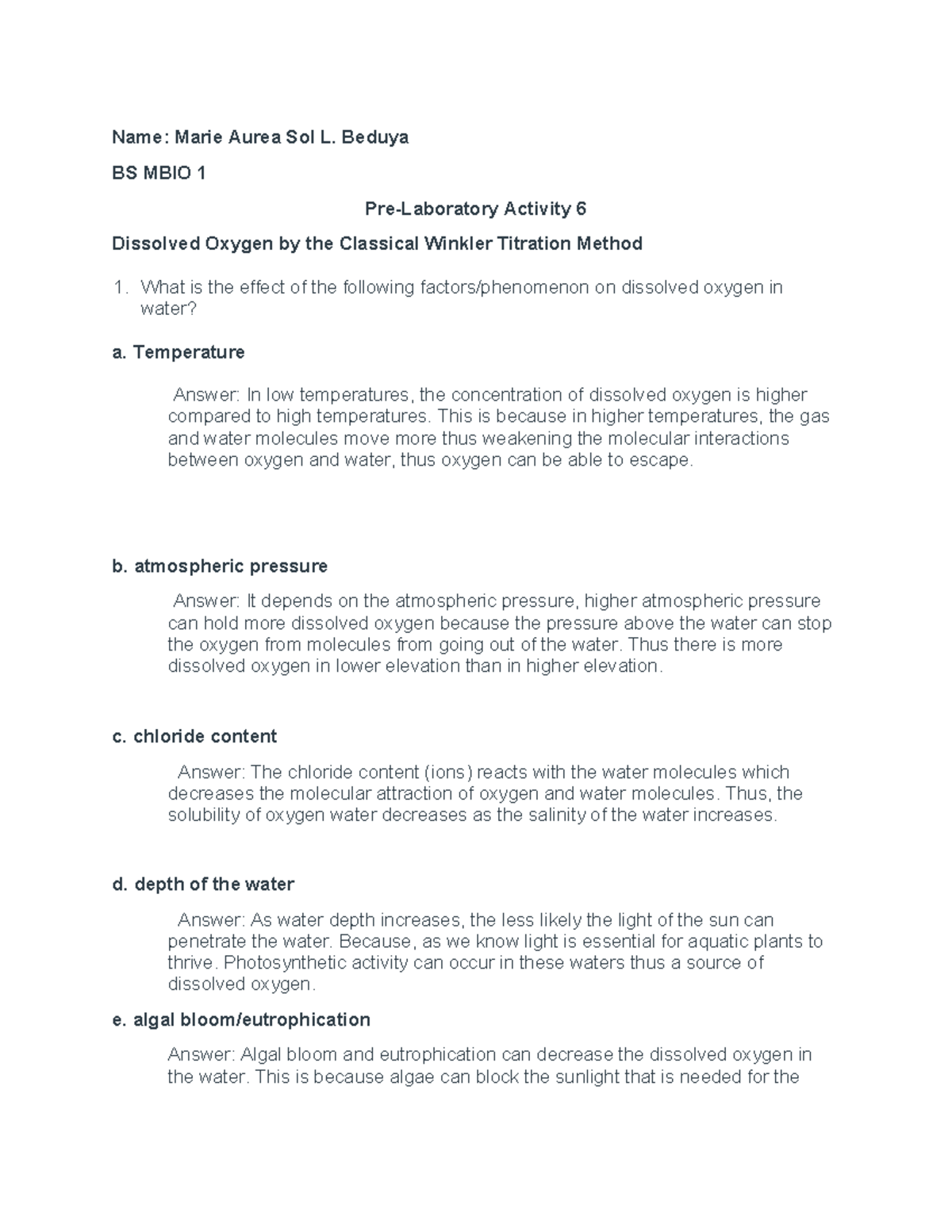 Beduya Pre-Lab Activity 6-1 - Name: Marie Aurea Sol L. Beduya BS MBIO 1 ...