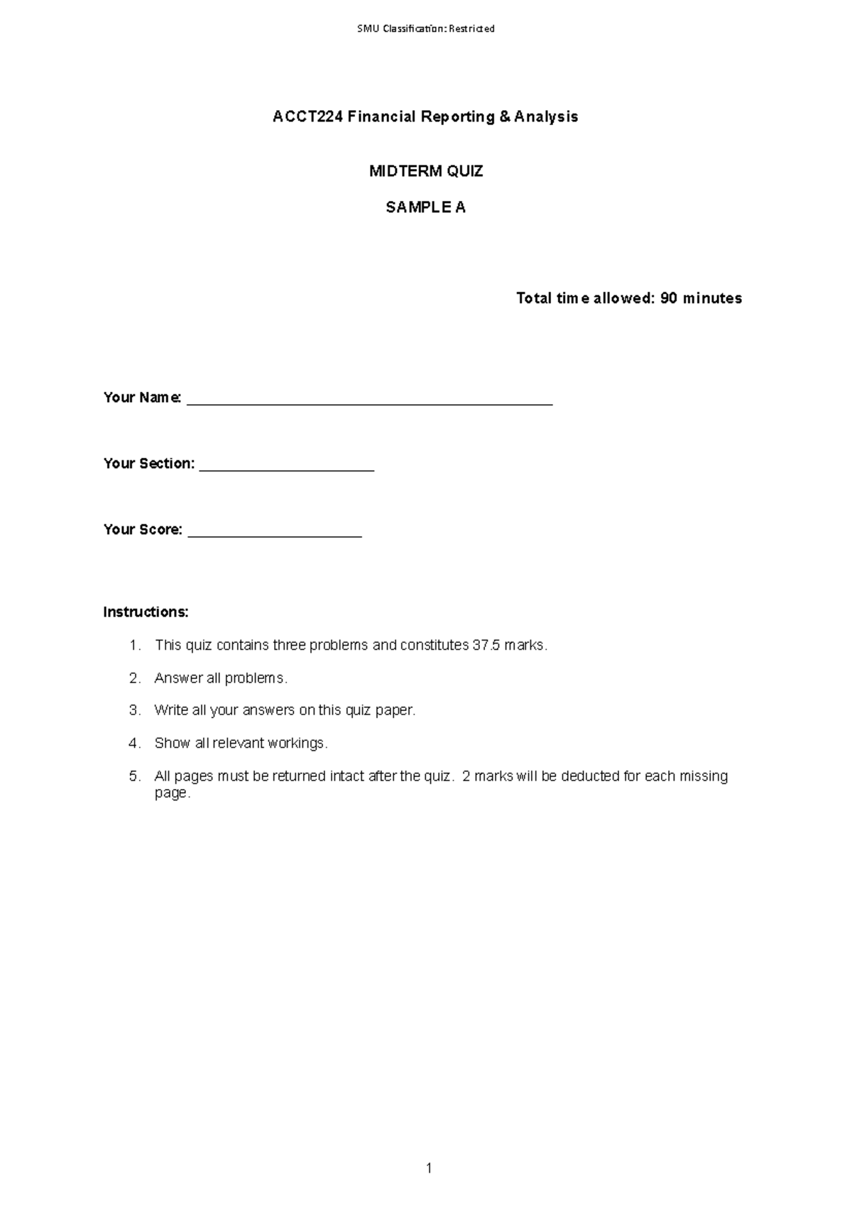 ACCT 224 FRA Quiz 1 Sample A - ACCT224 Financial Reporting & Analysis MIDTERM QUIZ SAMPLE A ...